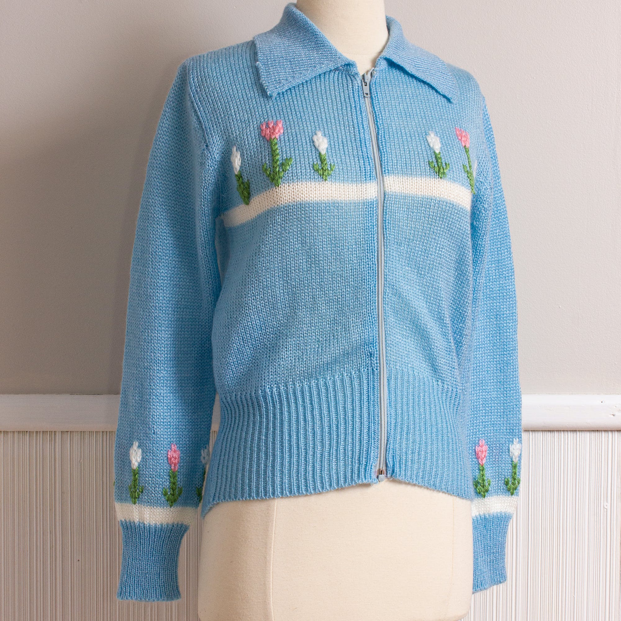 Vintage 70's Blue Floral Embroidered Front Zip Cardigan by K-Mart ...