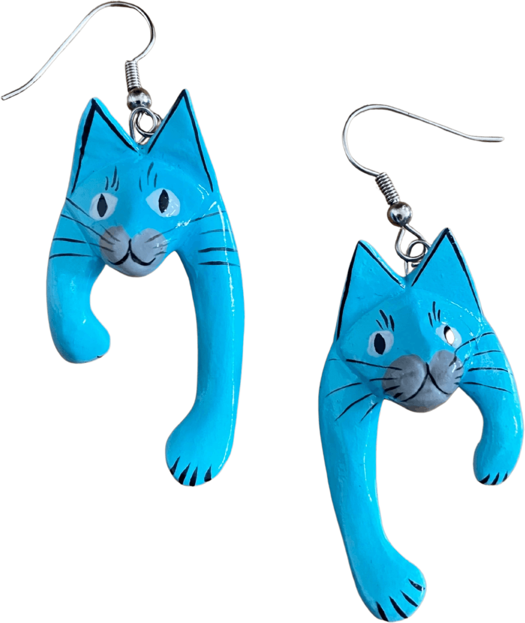 Vintage 80’s/90’s Reaching Blue Cat Handpainted Wooden Artisan Earrings ...