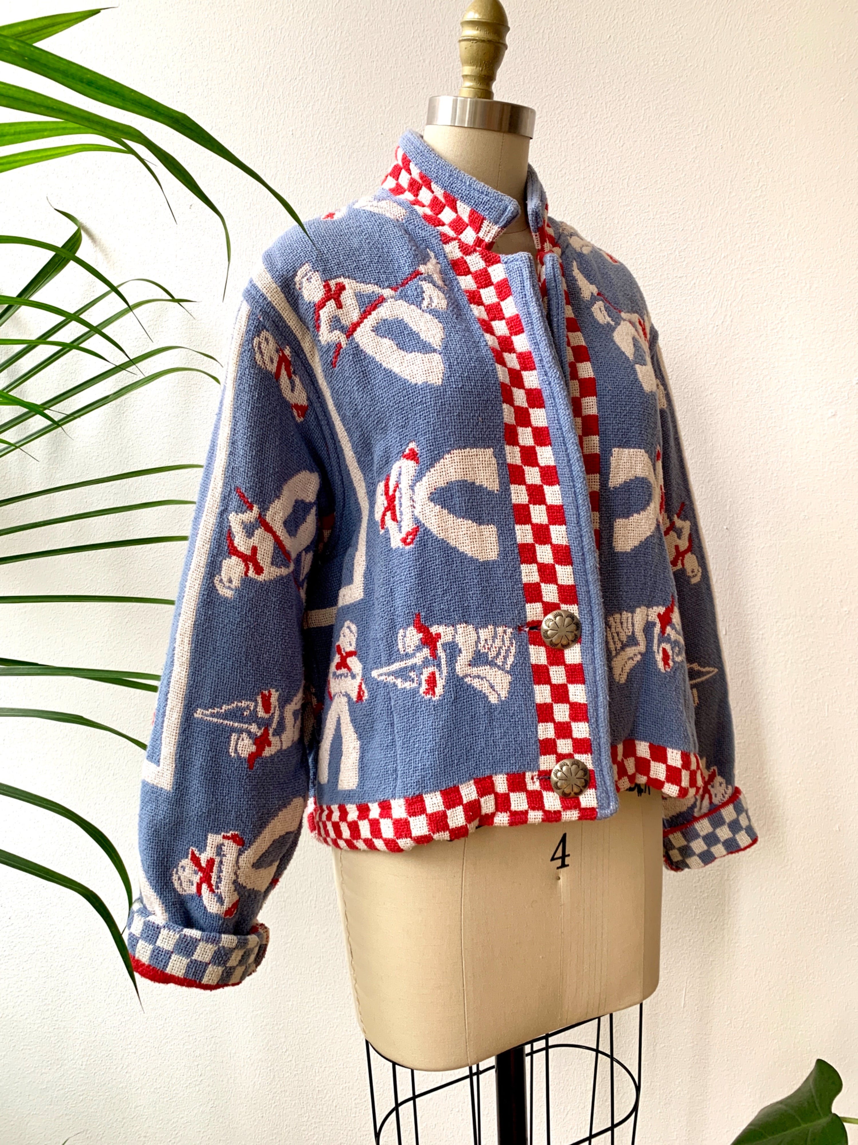 Vintage 80's Checkerboard and Nautical Design Tapestry Jacket by ...