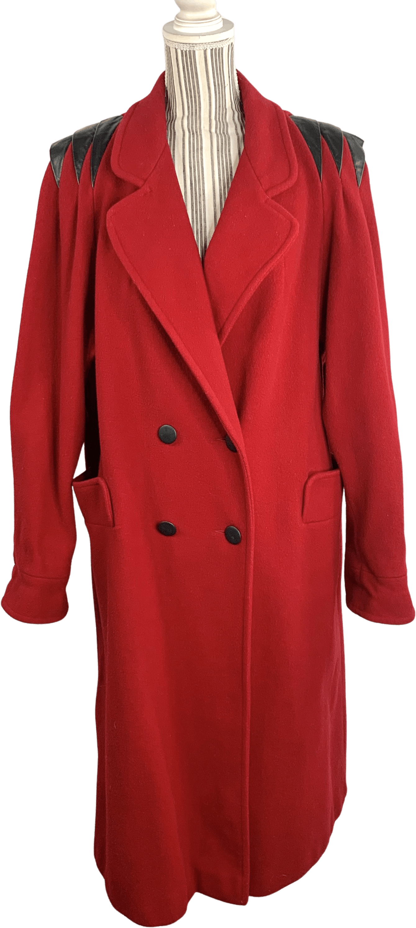 Vintage Long Red Wool and Black Leather Coat by Hockanum By Forstmann ...