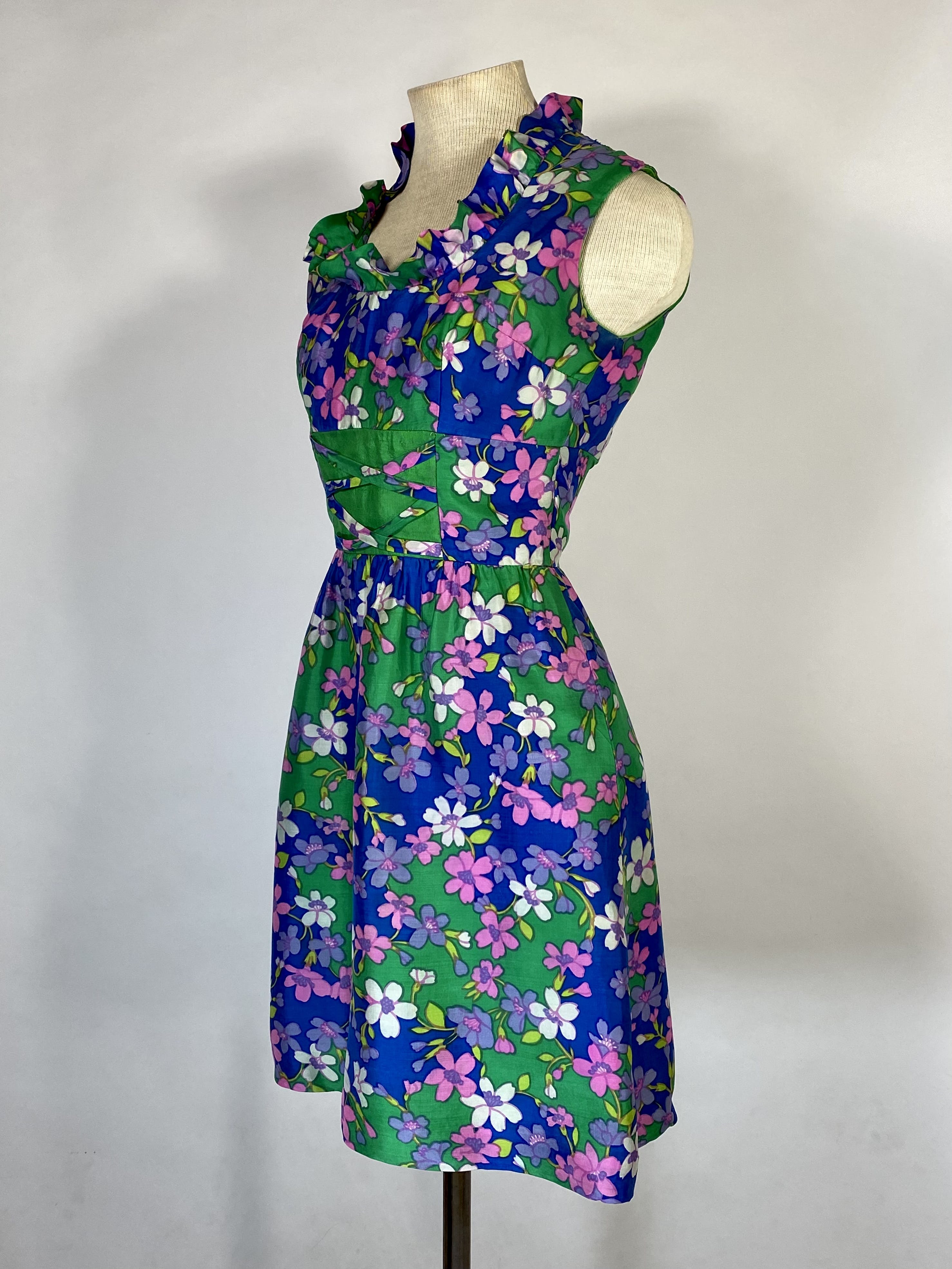 Vintage 60's Green Silk Flower Power Dress with Corset Style Waist by ...