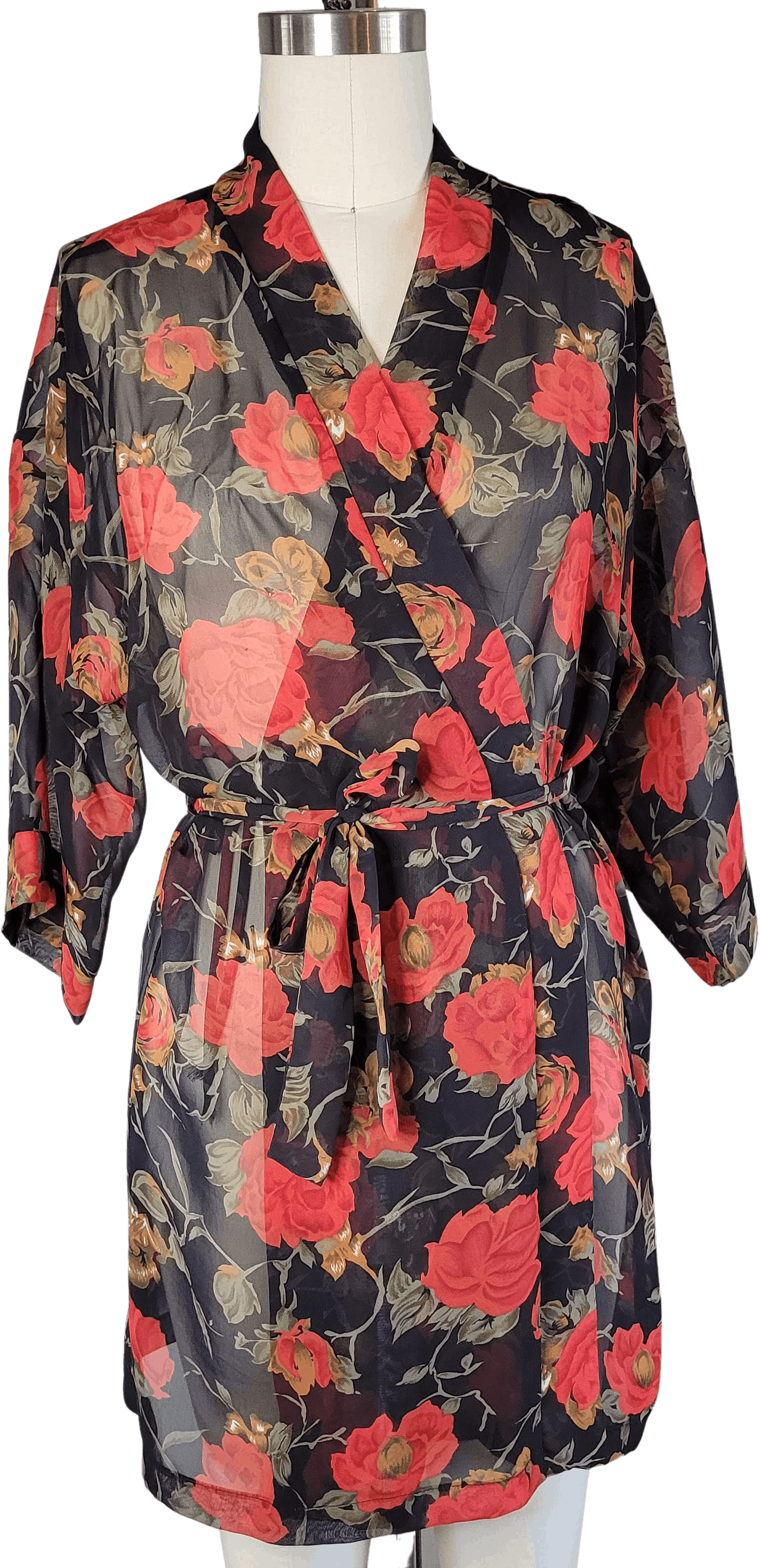 Vintage 80's/90's Floral Robe with Red Roses on Sheer Black by Intimate ...