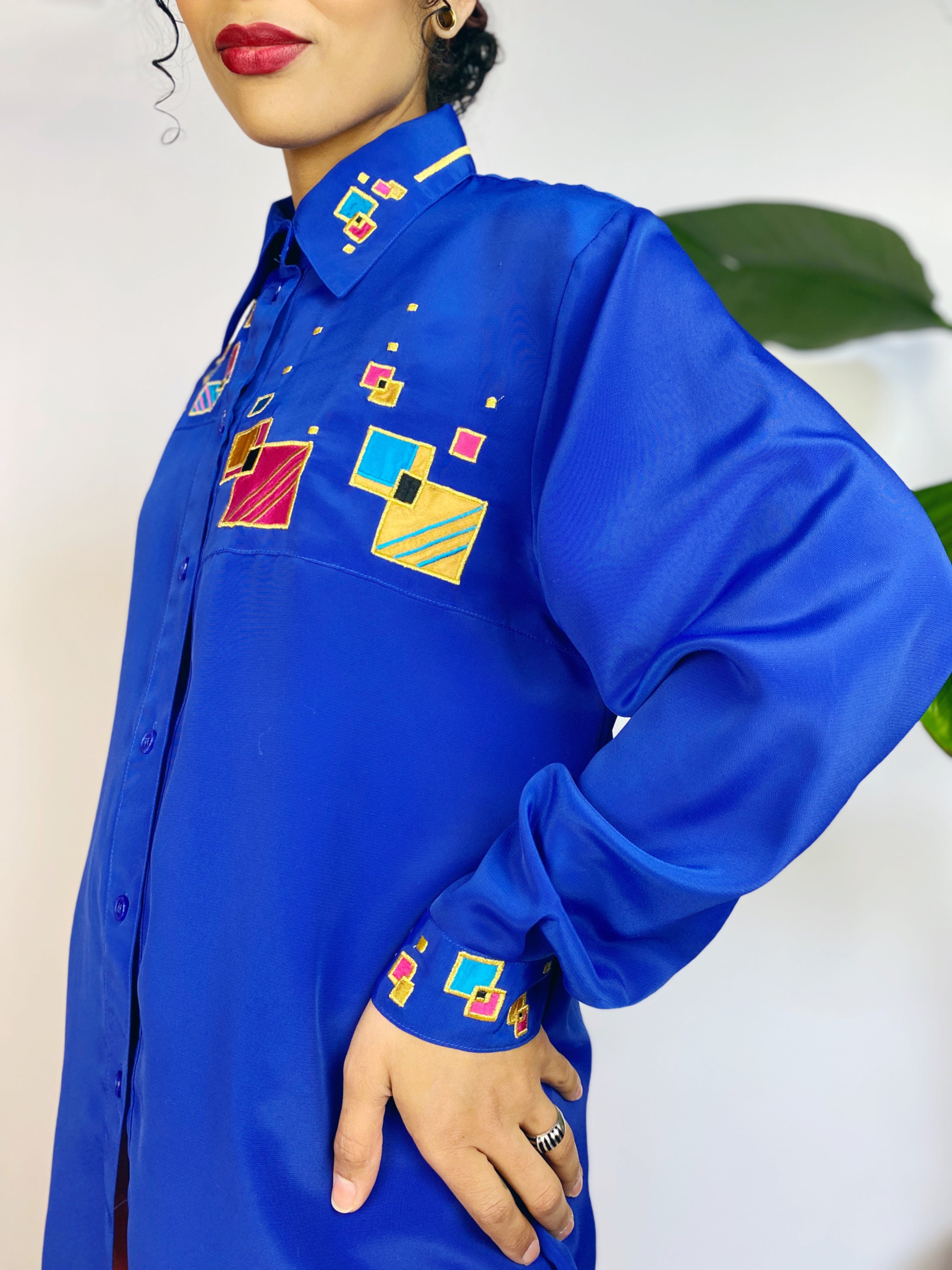 Vintage 80's Royal Blue Button Up with Geometric Shapes | Shop THRILLING