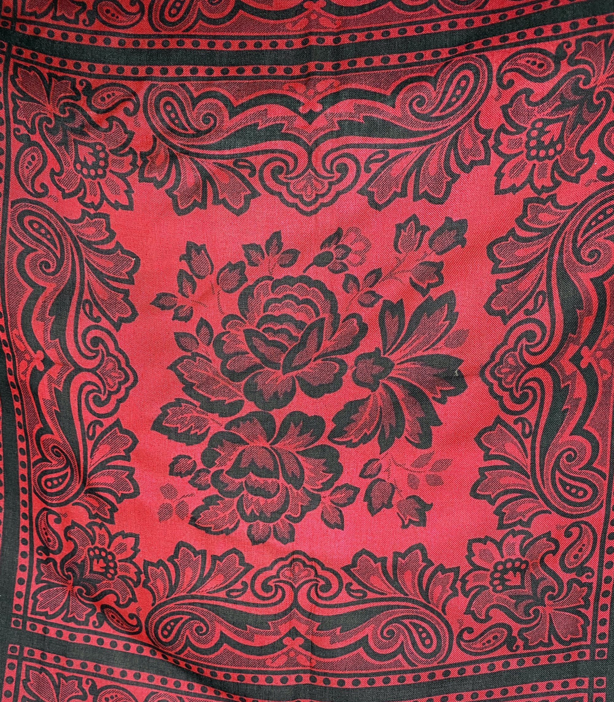 Vintage 80’s Black On Berry Red Roses and Paisley Scarf by Liz Sinclair ...