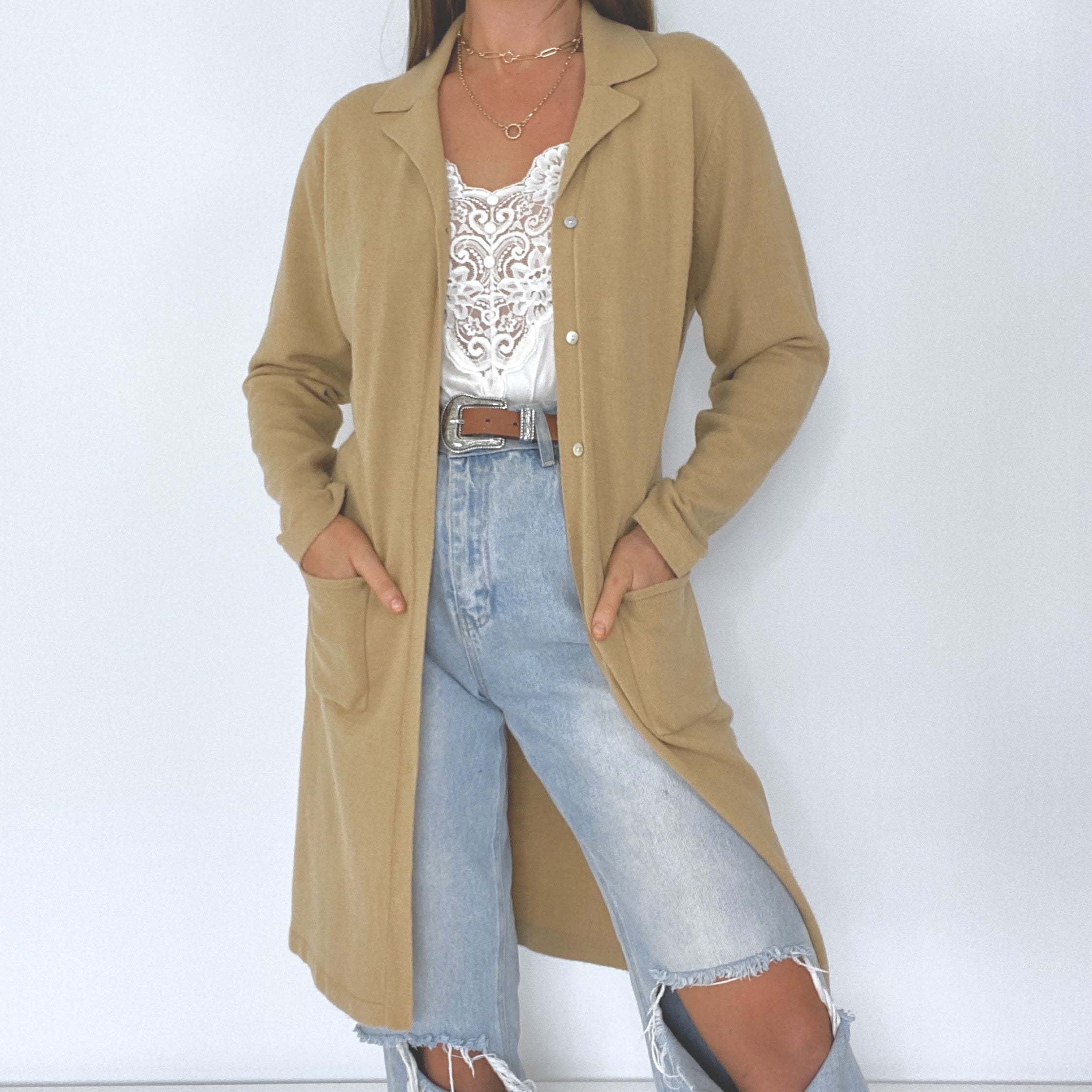 Vintage 90s Essential Tan Long Cardigan | Shop THRILLING