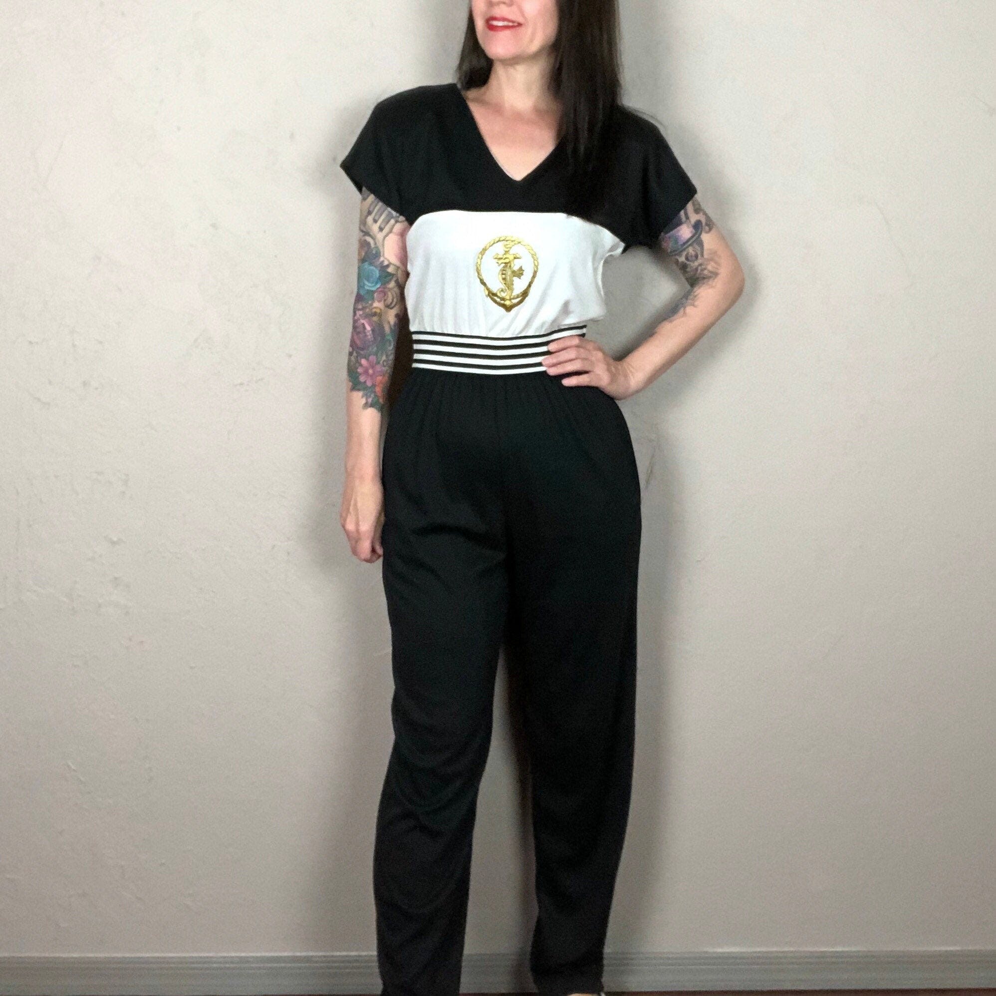 Vintage 80s Black And White Nautical Jumpsuit By Dotti | Shop THRILLING
