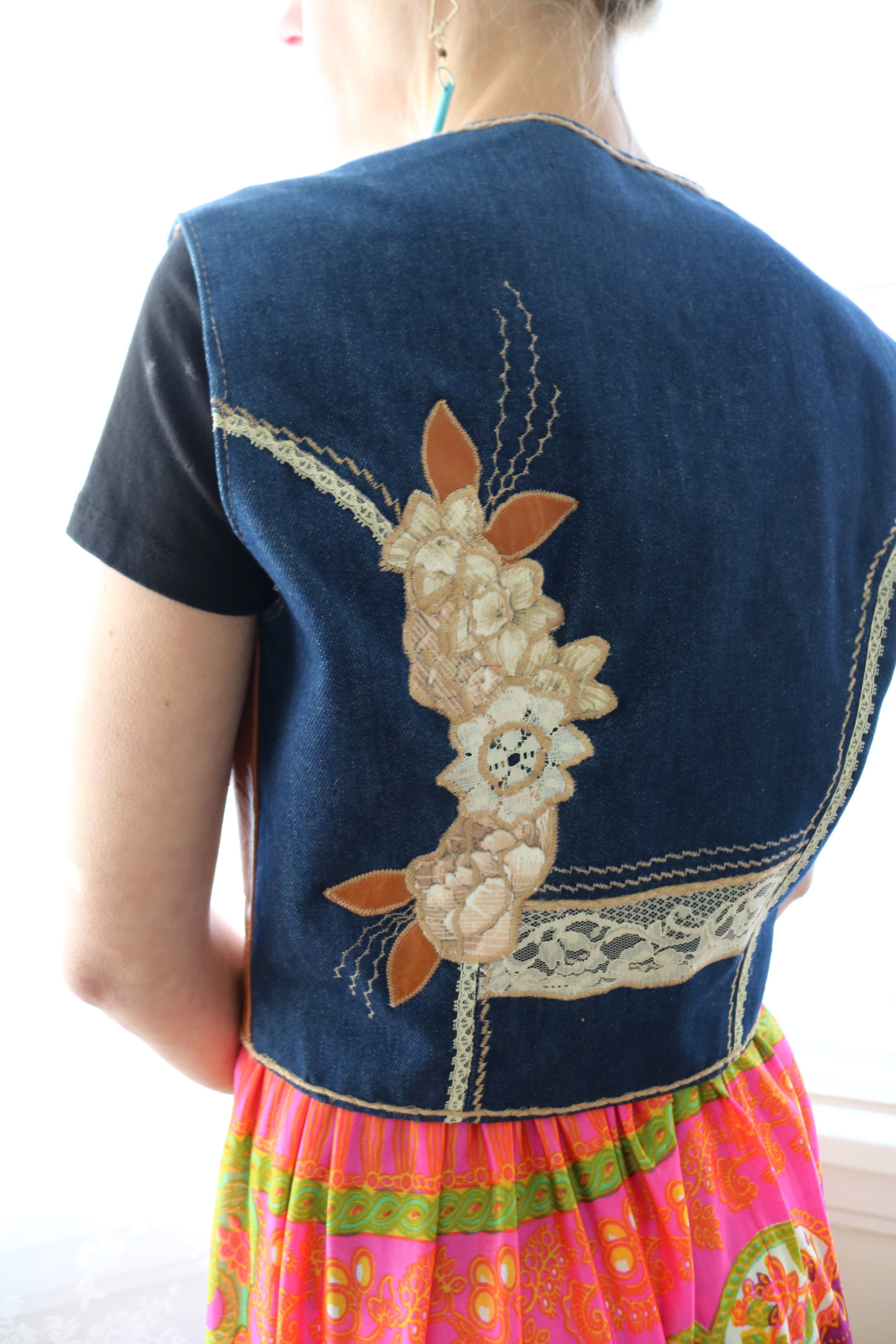 Vintage Leather Denim Floral Lace Patchwork Vest by Denim Evolution ...