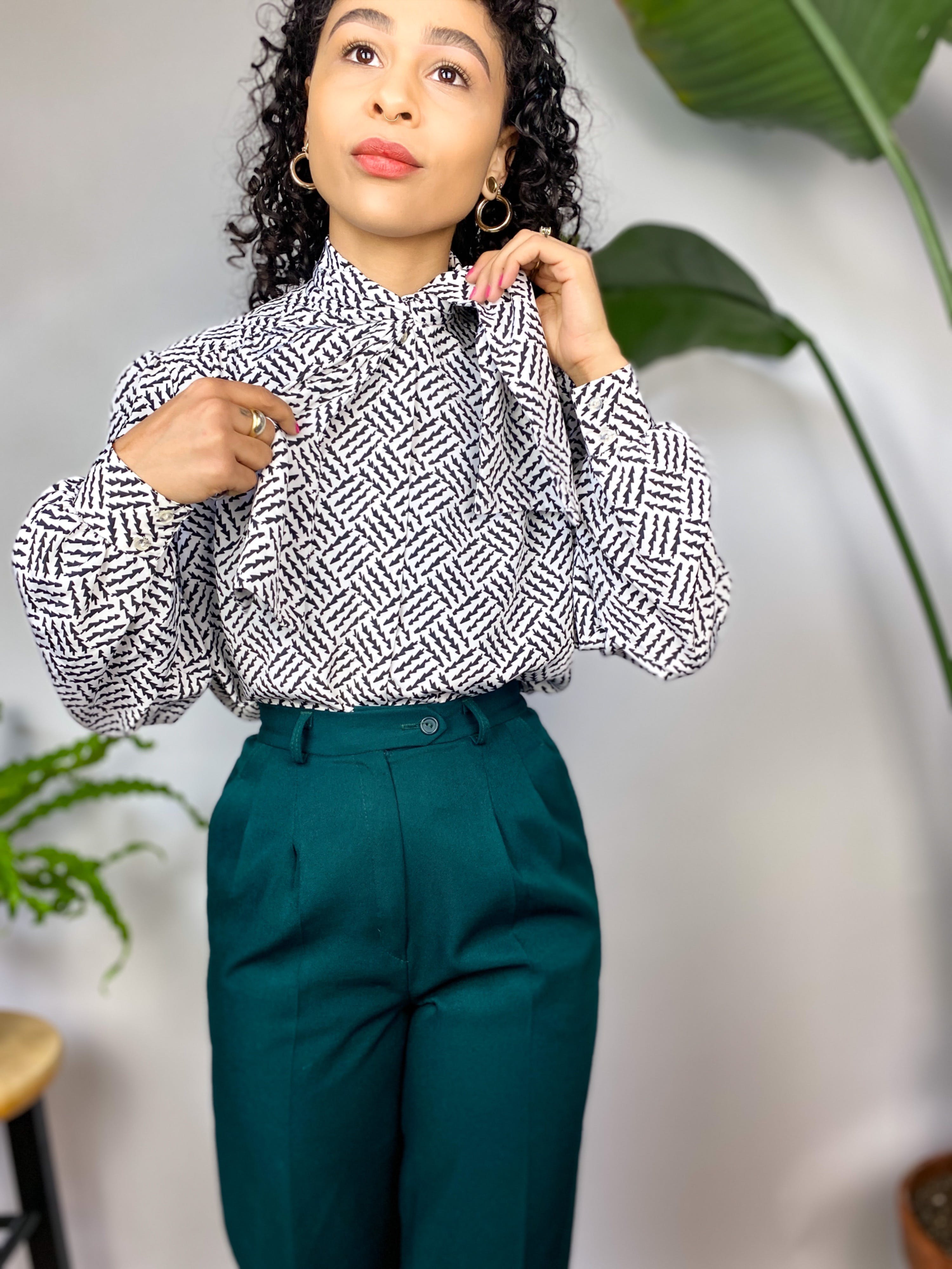 Vintage Women's White Blouse with Black Abstract Print by Tan Jay ...