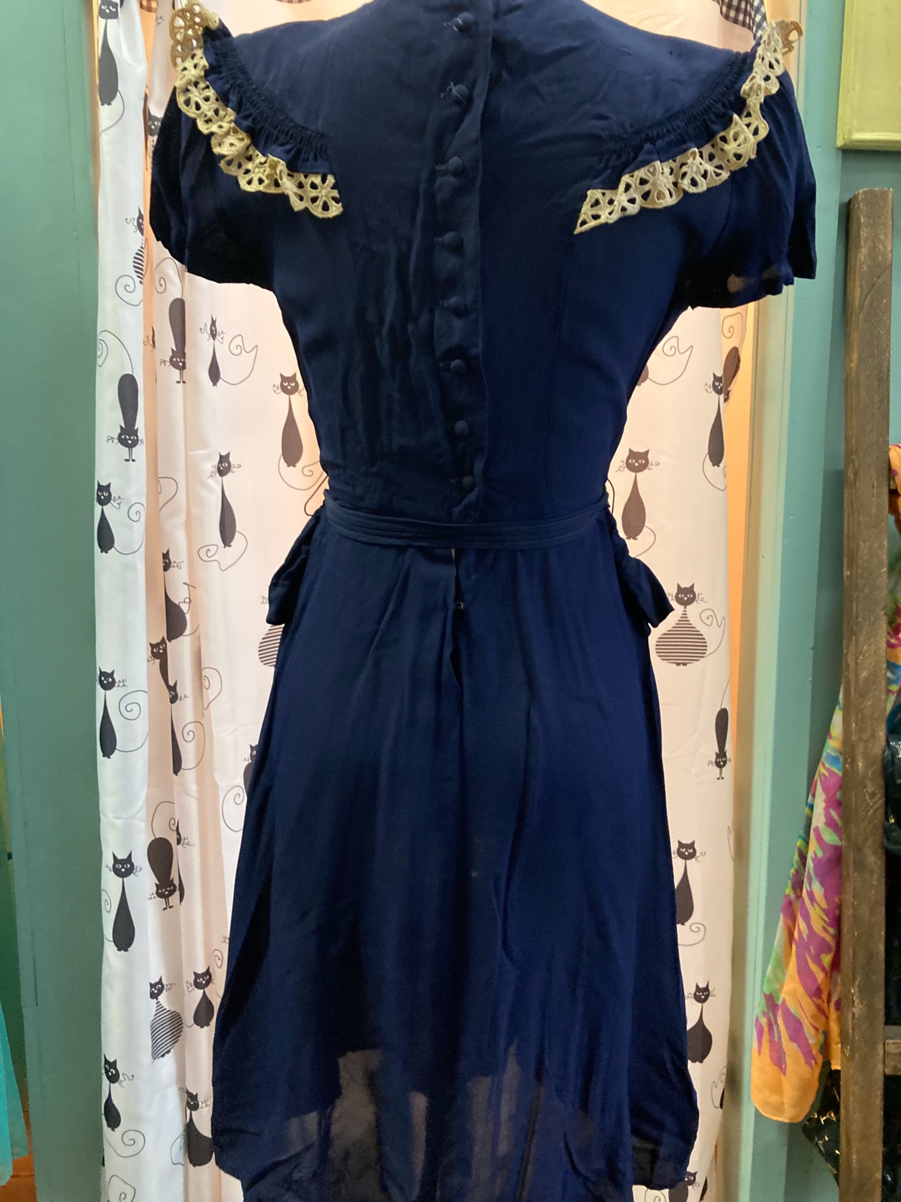 Vintage 40's Navy Blue Ruffle Collar Belted Peplum Dress by Trudy Hall ...