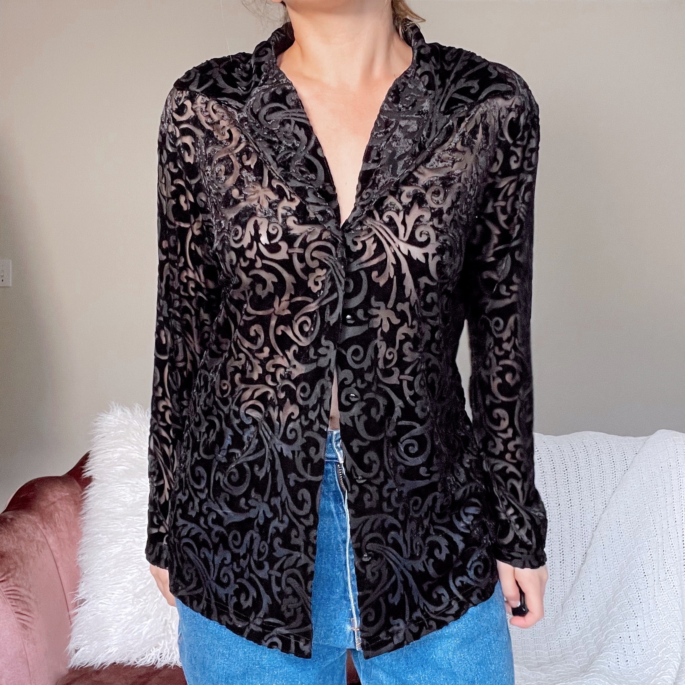 Vintage 90’s Notations Clothing Co. Sheer Black Velvet Top | Shop THRILLING