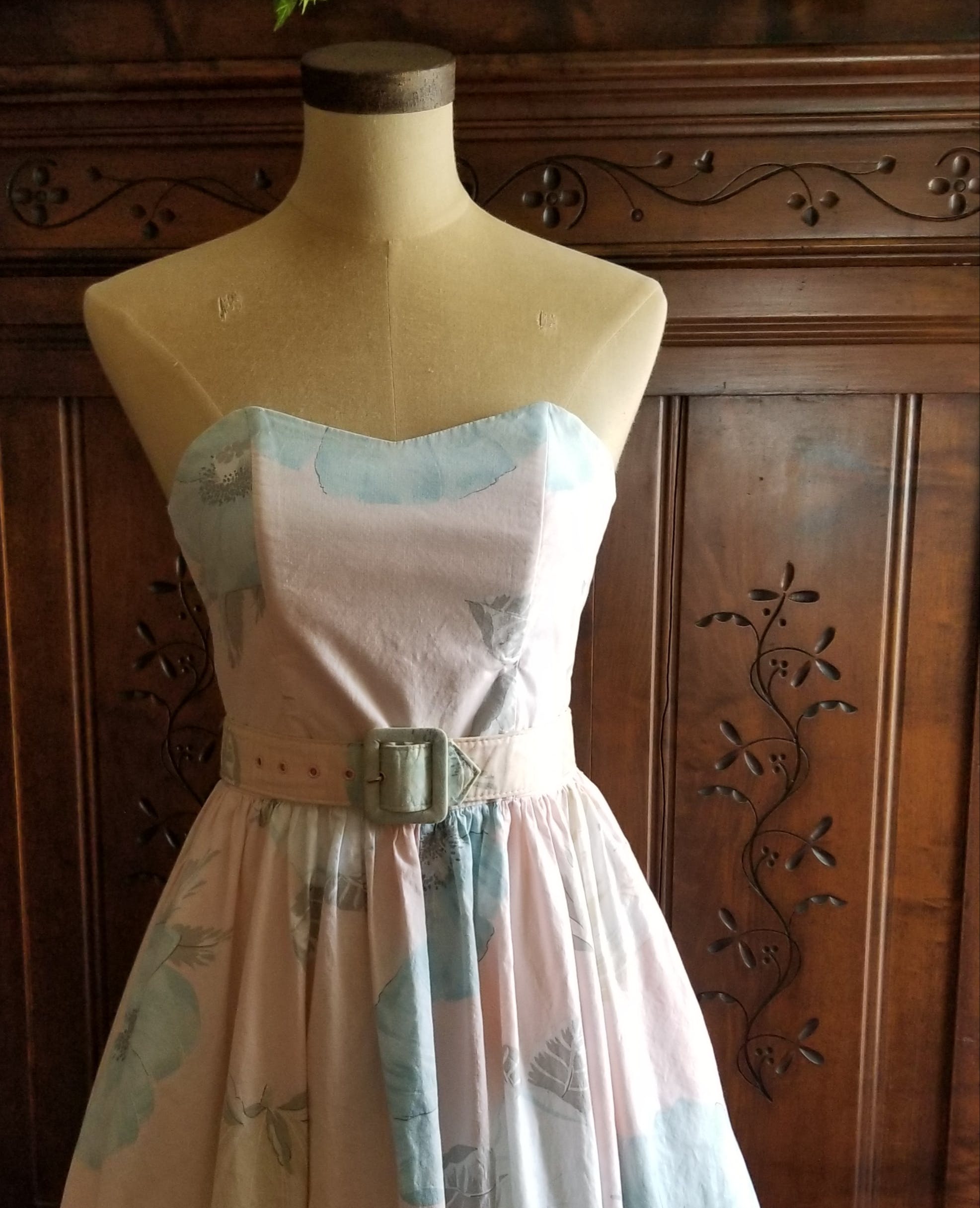 Vintage 80's Strapless Pink and Blue Floral Belted Sundress by Carol ...