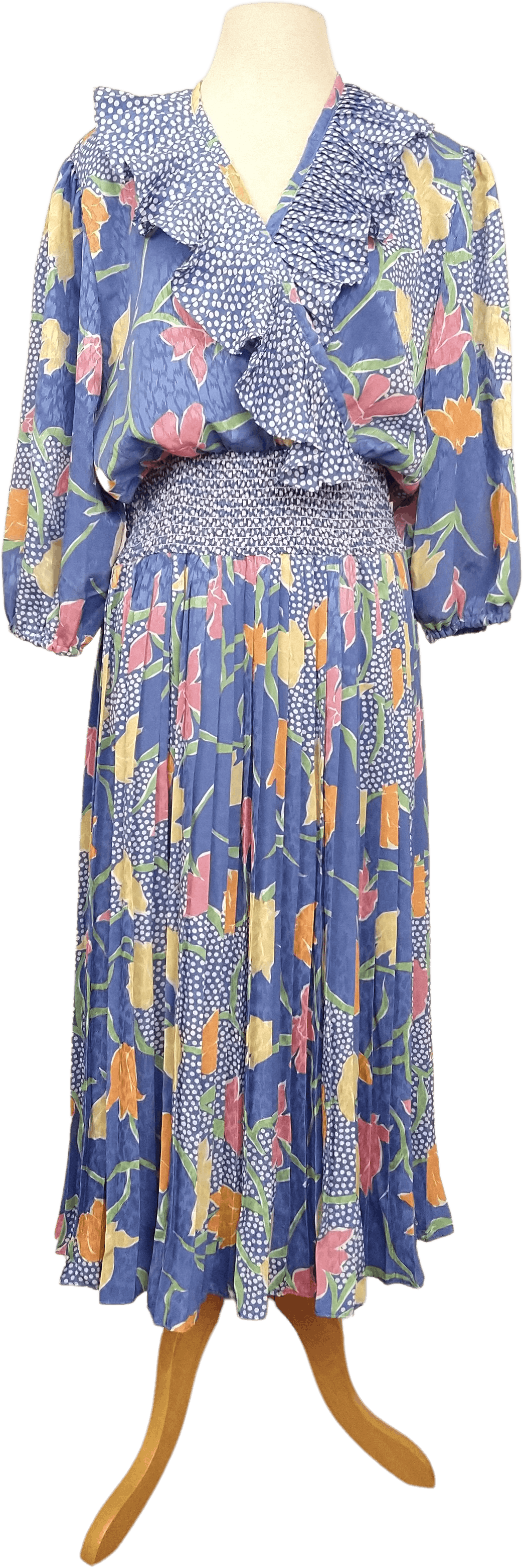 Vintage 80’s Blue Mixed Print Ruffle Midi Dress | Shop THRILLING