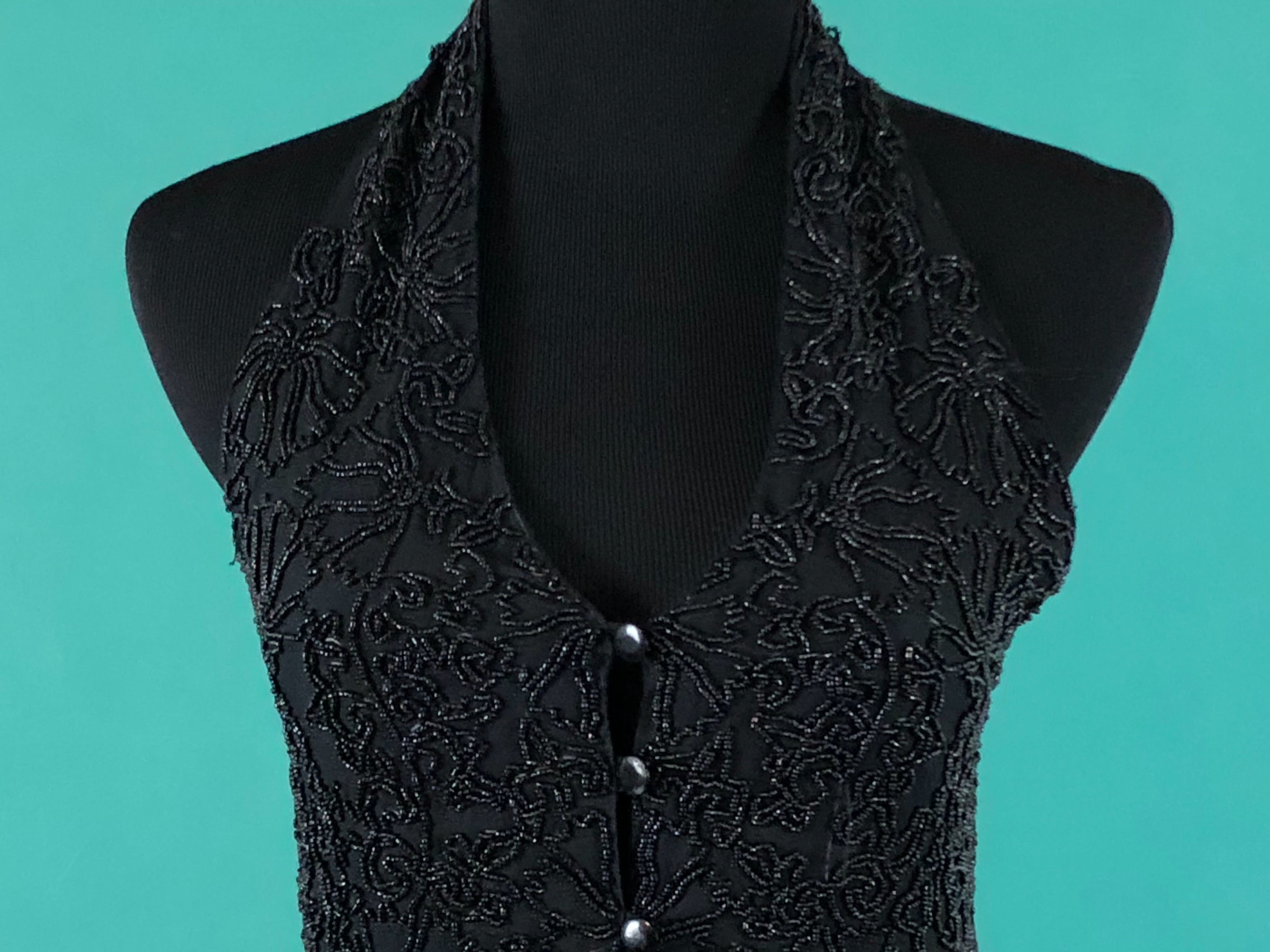 Vintage 80's/90's Abstract Beaded Black Button Up Halter Top by Kenar ...