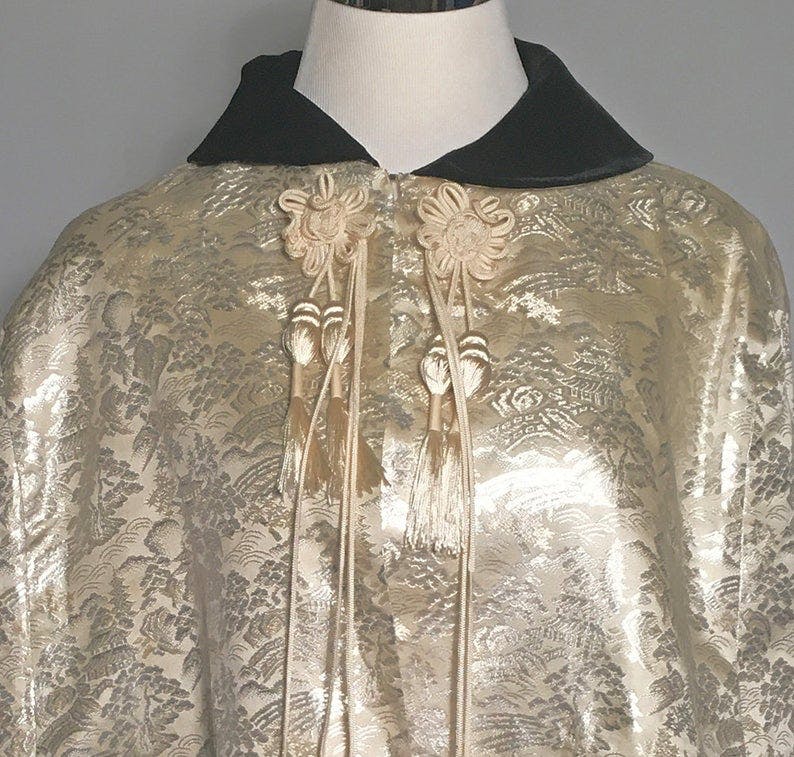 Vintage 60's Silver Metallic Brocade Cape with Black Velvet Collar and ...