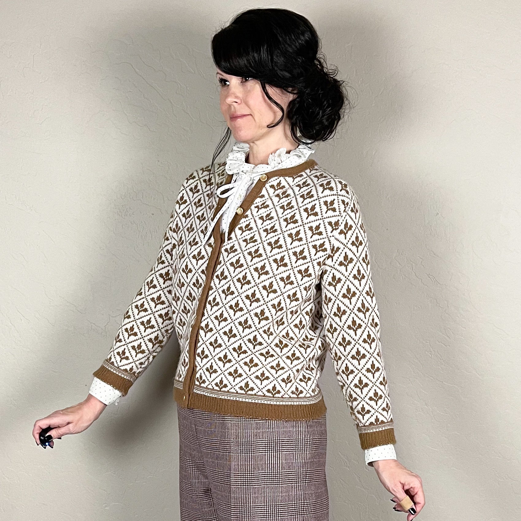Vintage 60s Ginger And Cream Leaf Print Cardigan By Fashioned by ...