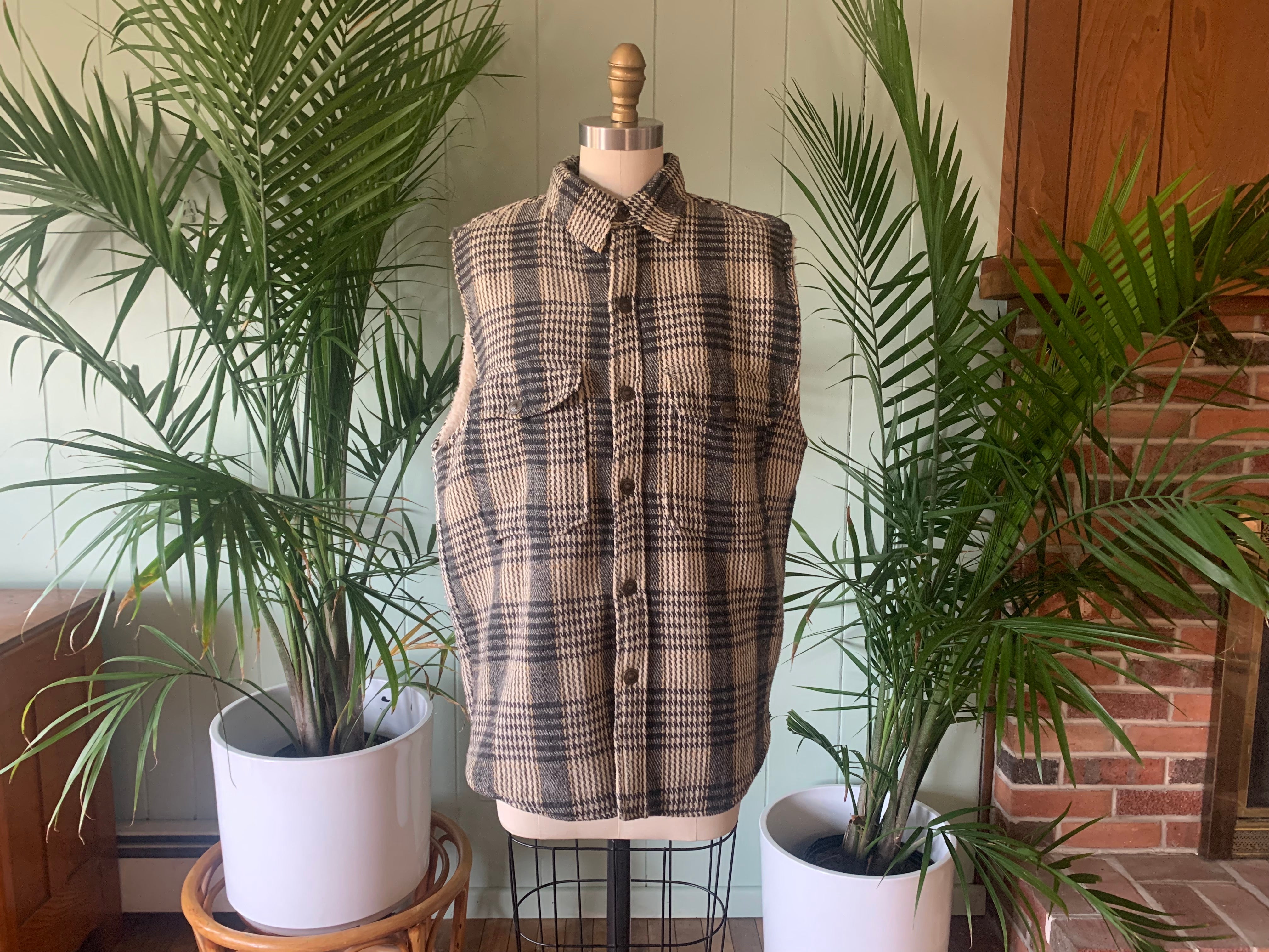 Vintage 90s Gender Neutral Black And Tan Plaid Snap Front Vest By ...