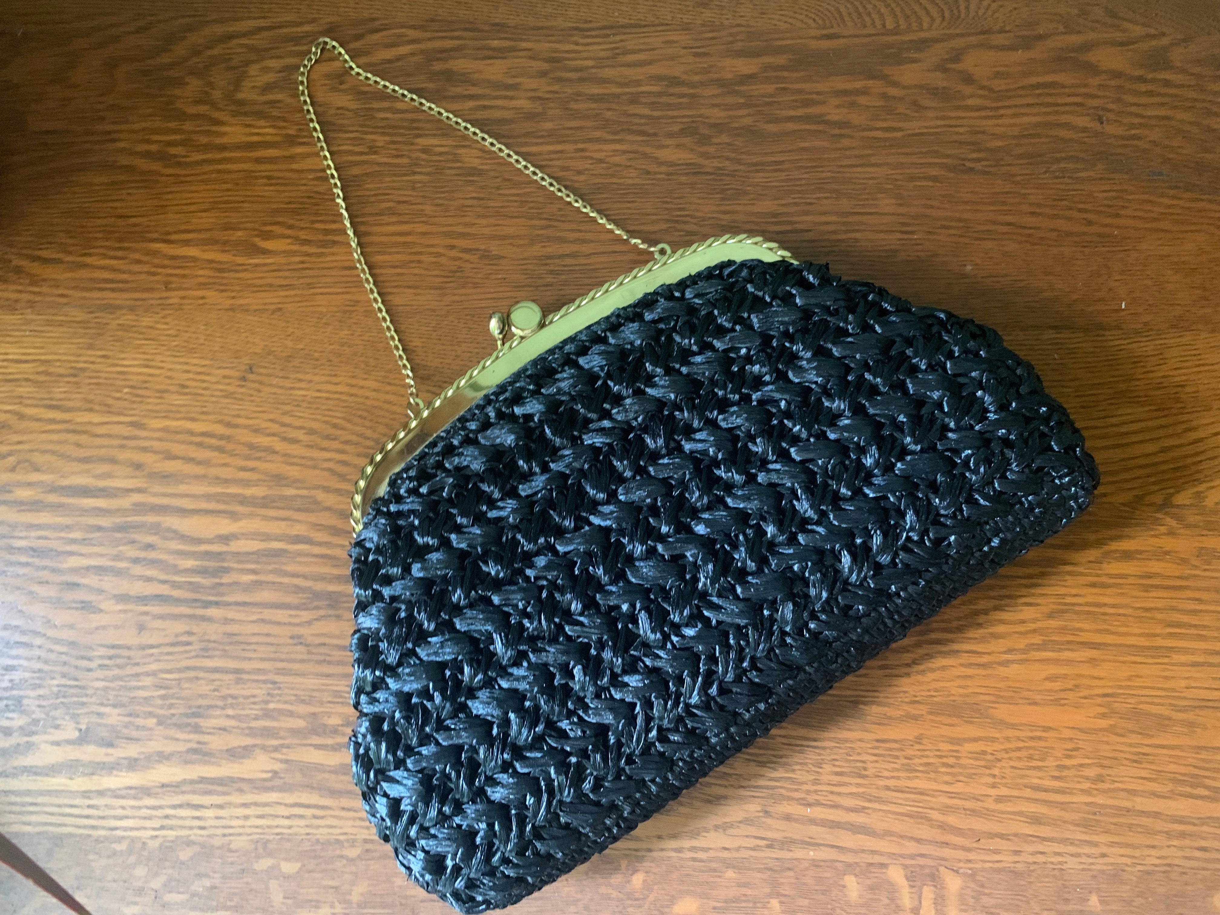 Vintage 60s/70s Black Woven Raffia Straw Summer Clutch Chain Purse By ...