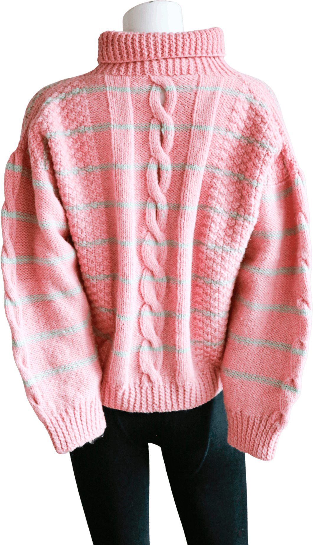 Vintage Dusty Pink Chunky Cable Detail Striped Wool Turtleneck Pullover ...
