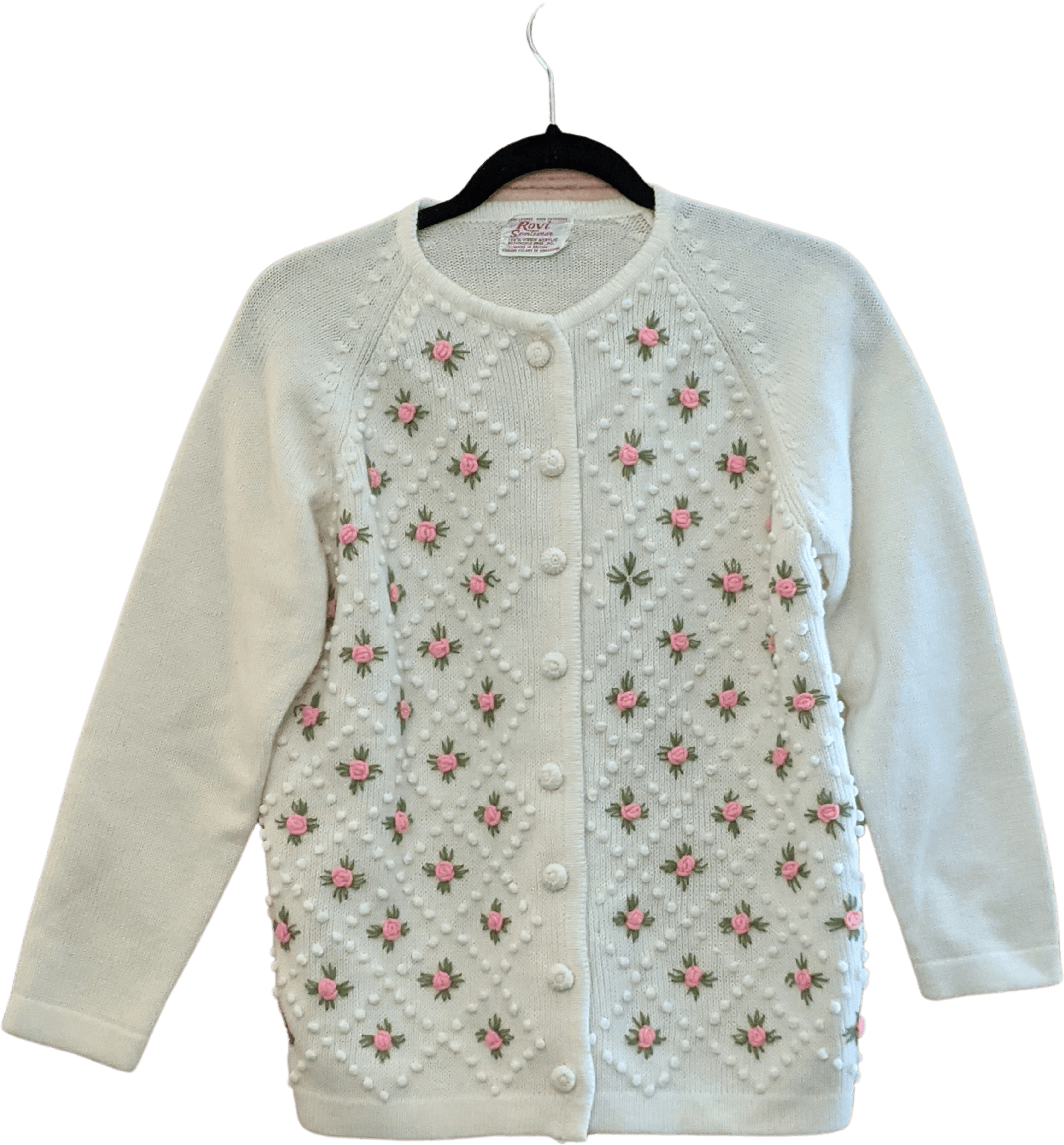 Vintage White Knit Cardigan with Crocheted Rose and Leaves | Shop THRILLING