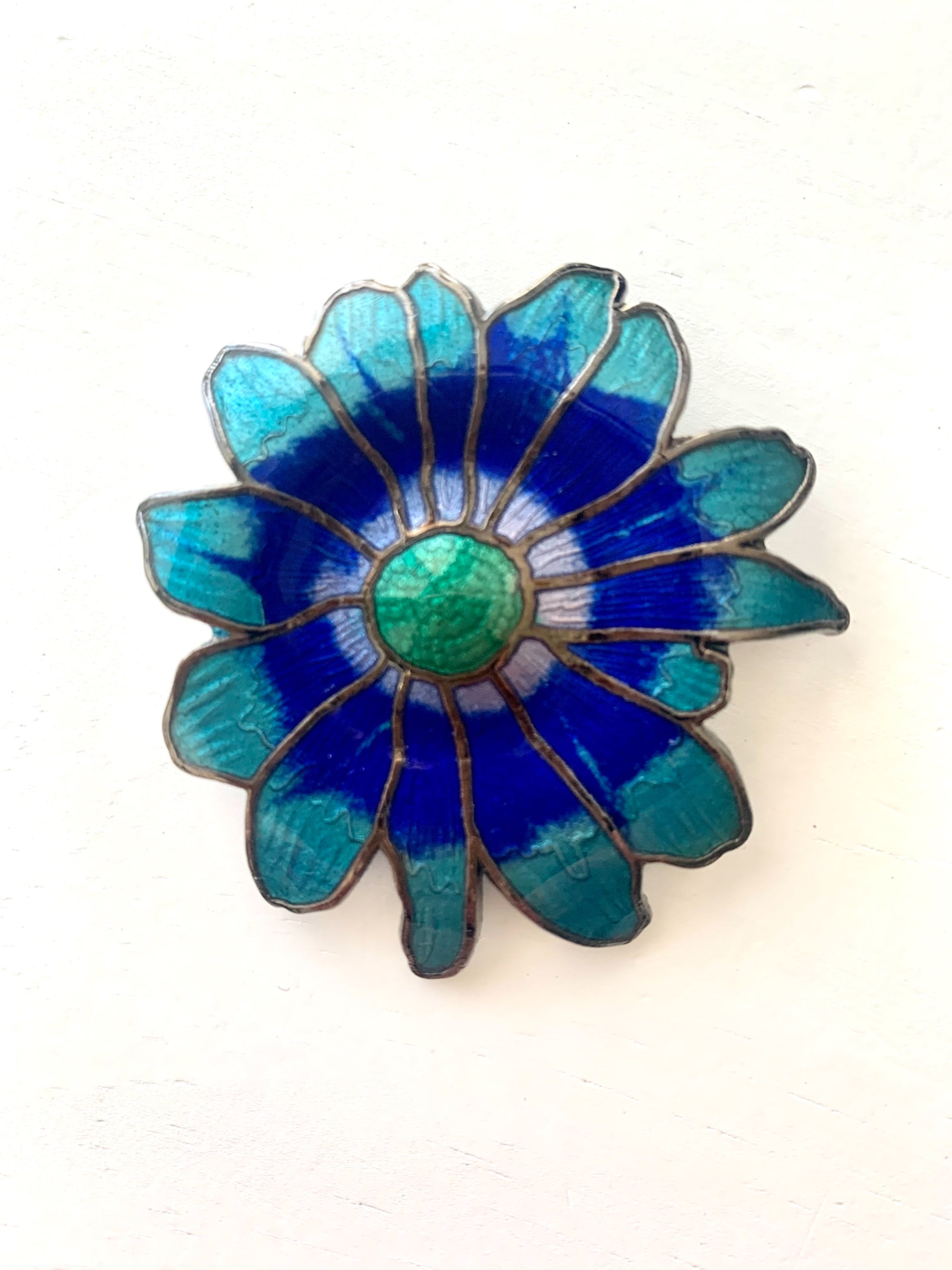 Vintage 70's Blue, Teal and Green Enamel Flower Lapel Pin | Shop THRILLING