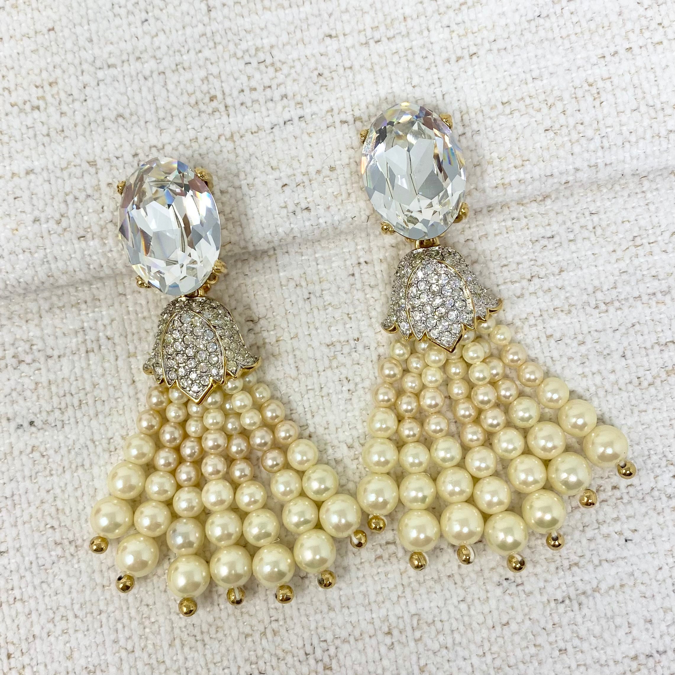 Vintage 80s Pearl And Crystal Dangle Clip On Earrings By Crystalline ...