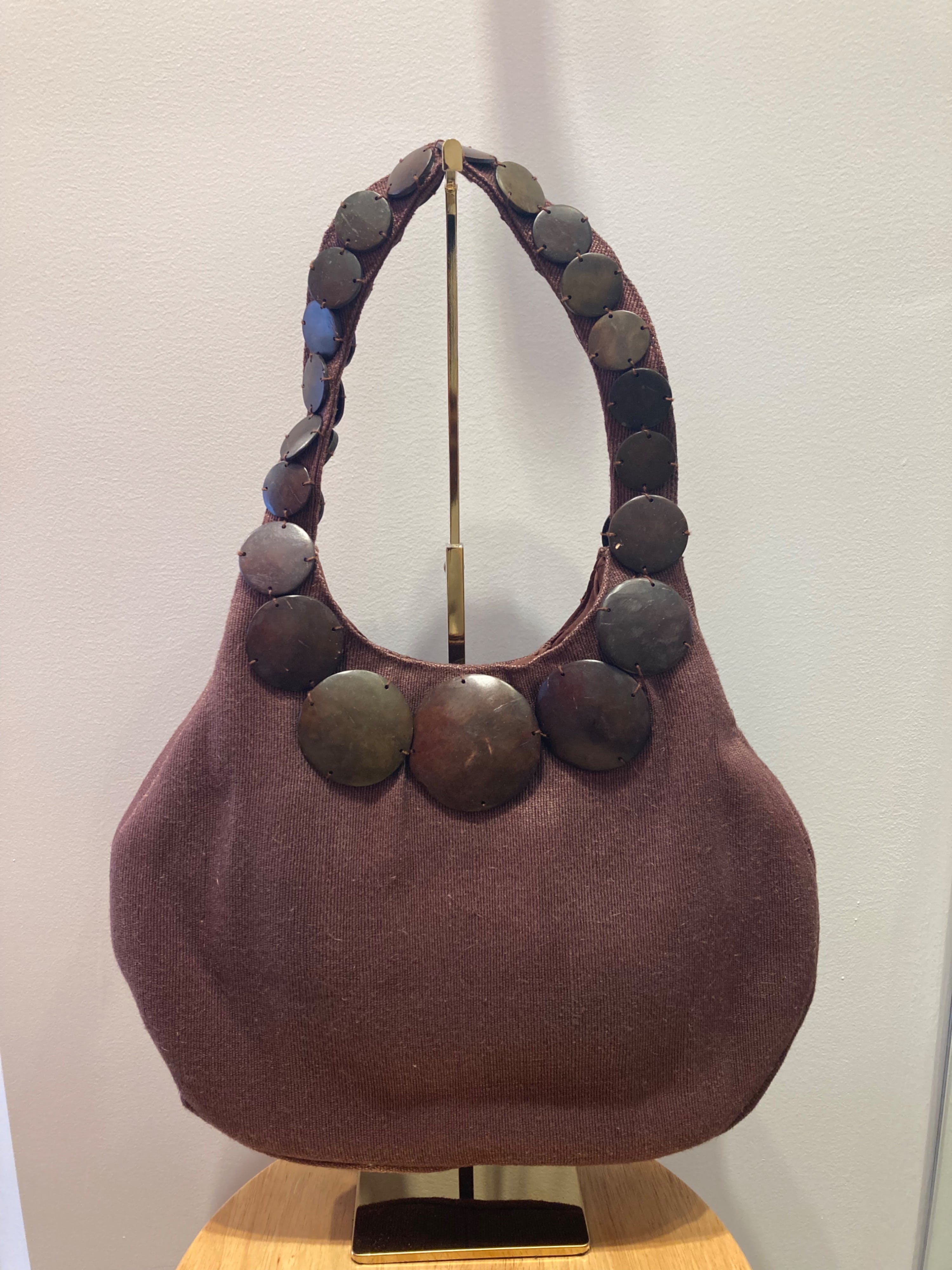 Vintage 70’s Brown Hemp Shoulder Bag with Wooden Handle | Shop THRILLING