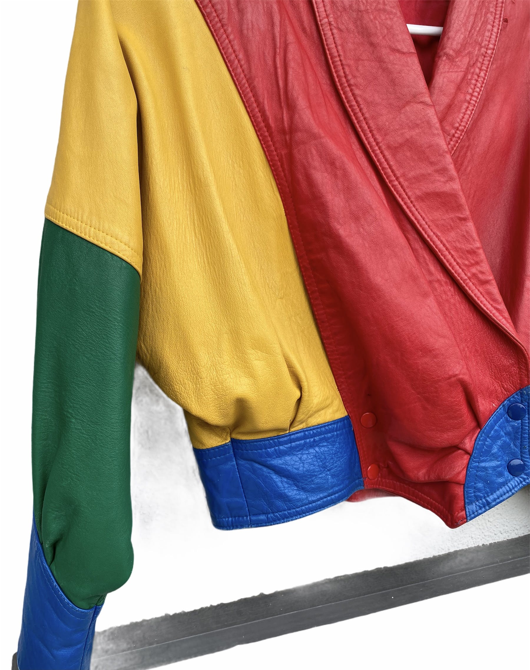 Vintage Red Yellow Green and Blue Short Colorblock Leather Jacket by ...