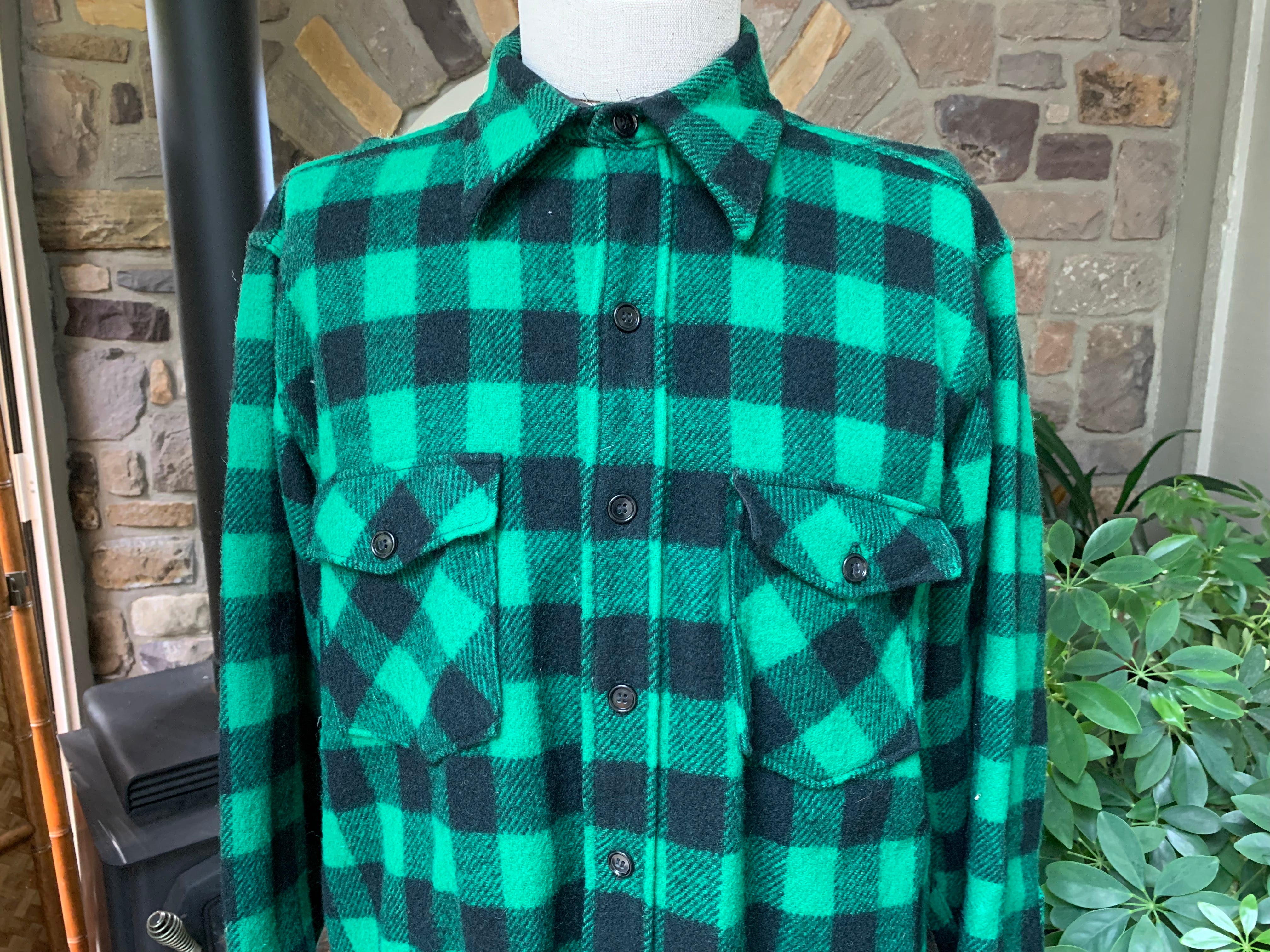 Vintage 70s Green Black Buffalo Plaid Wool Blend Shirt Jacket By ...