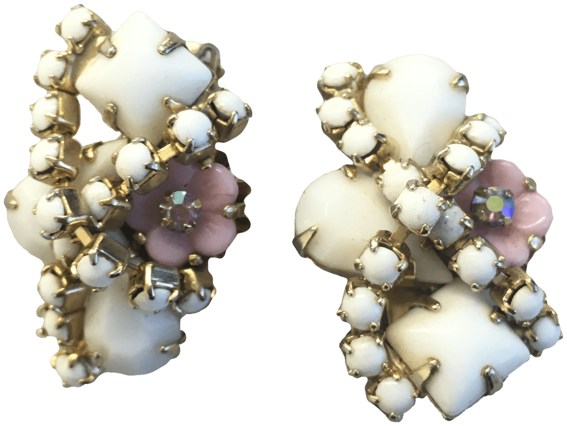 Vintage 70's Milk White and Pink Rhinestone Clip On Earrings by Hobe ...