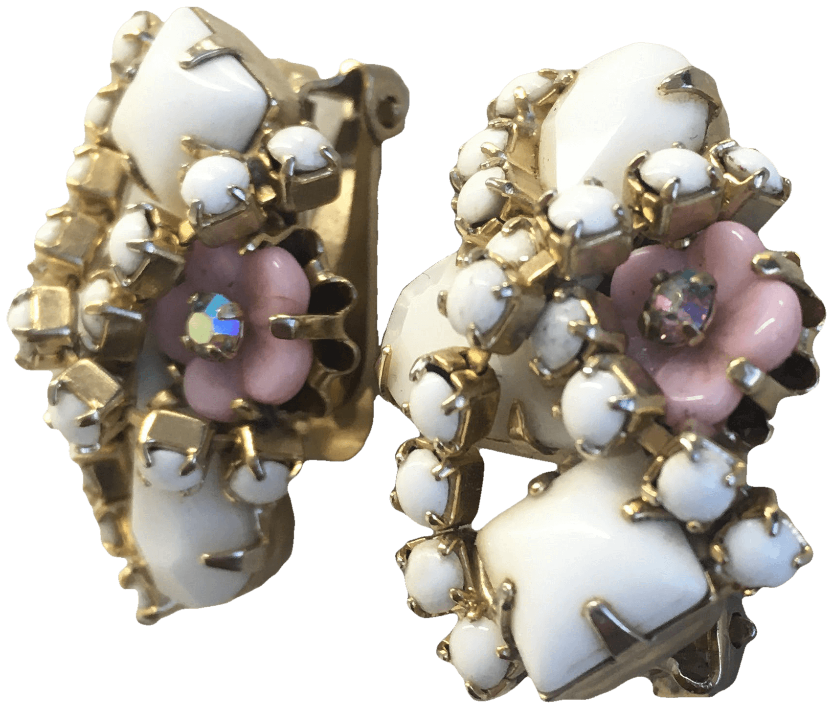 Vintage 70's Milk White and Pink Rhinestone Clip On Earrings by Hobe ...