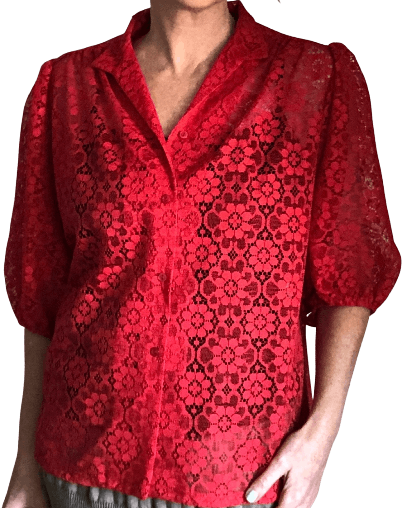 Vintage Red Lace Sheer Ballon Sleeve Button Up Blouse | Shop THRILLING