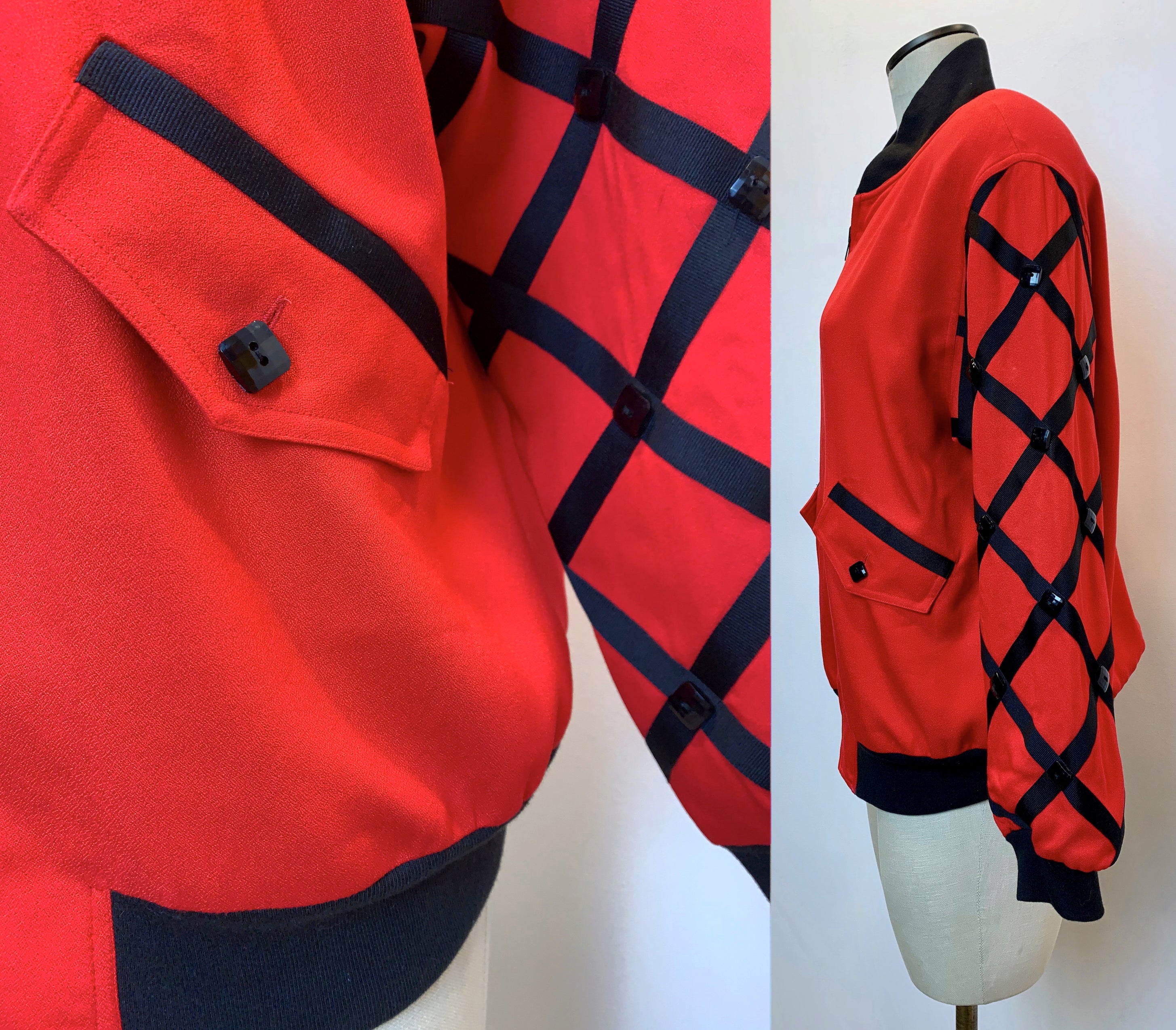 Vintage 80s/90s Red Bomber Jacket With Ribbon And Button Detail By Ib ...