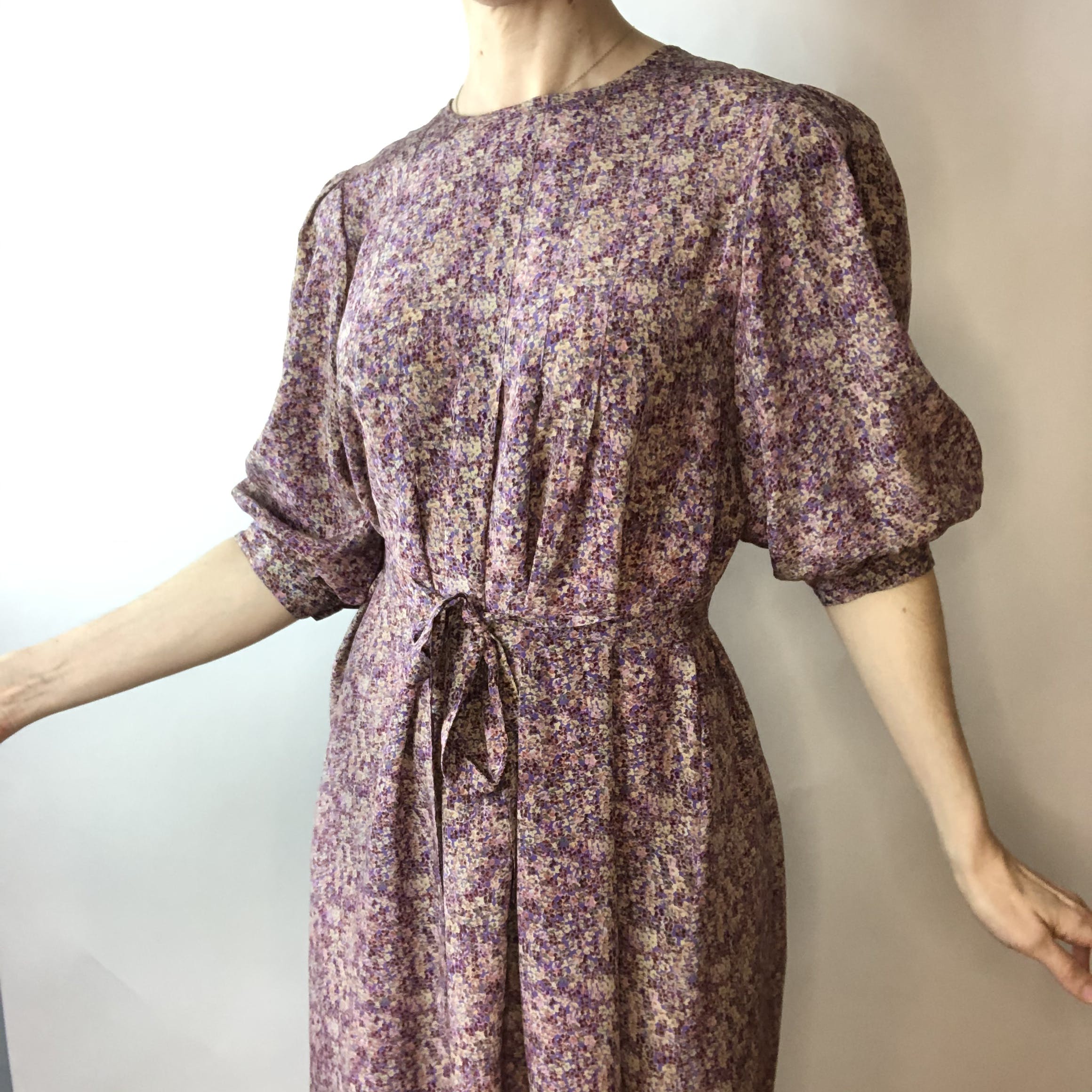 Vintage Silk Micro Floral Cottagecore Purple Puff Sleeve Dress | Shop ...