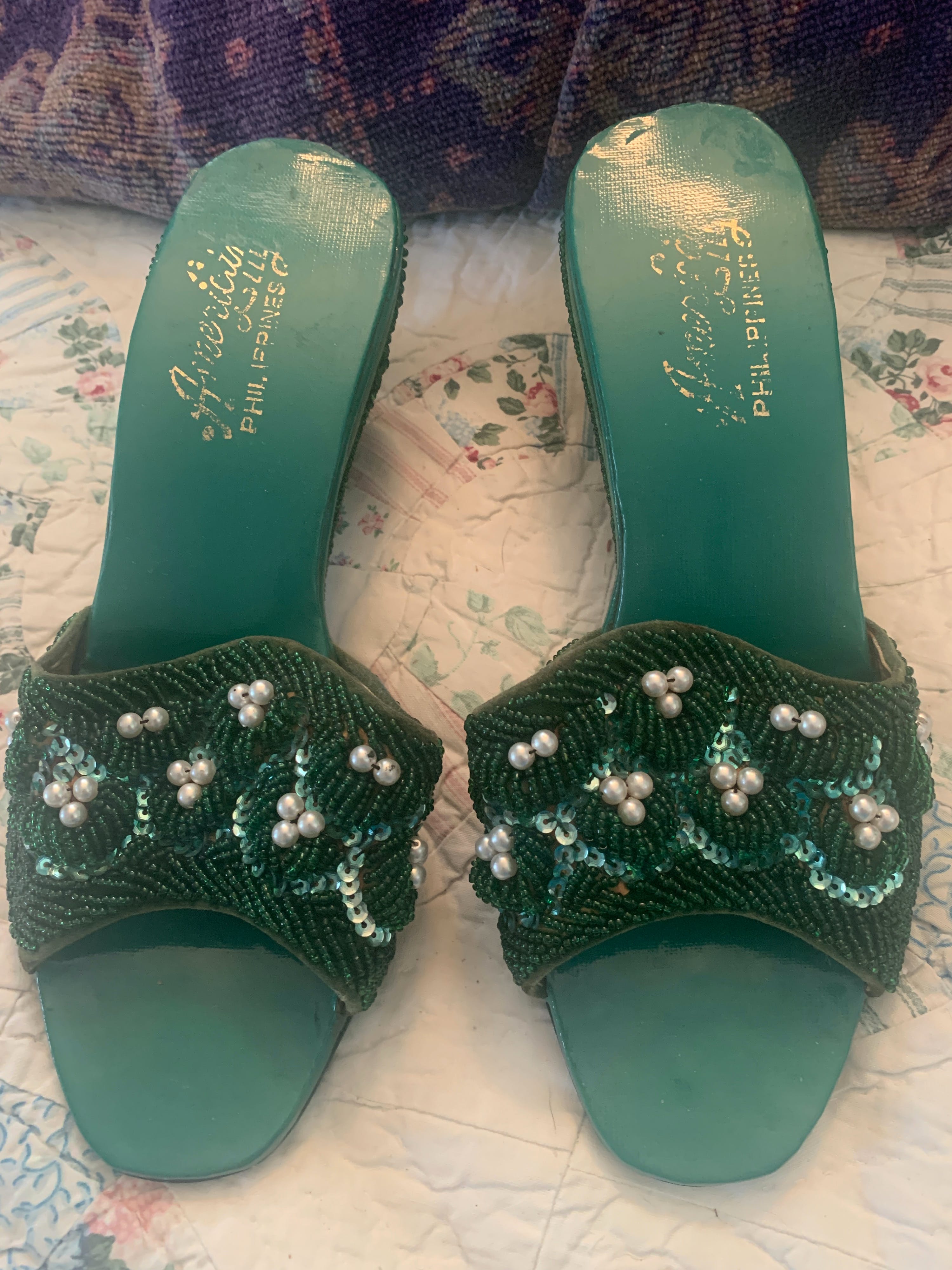 Vintage Emerald Green Beaded Slides with Pearls | Shop THRILLING