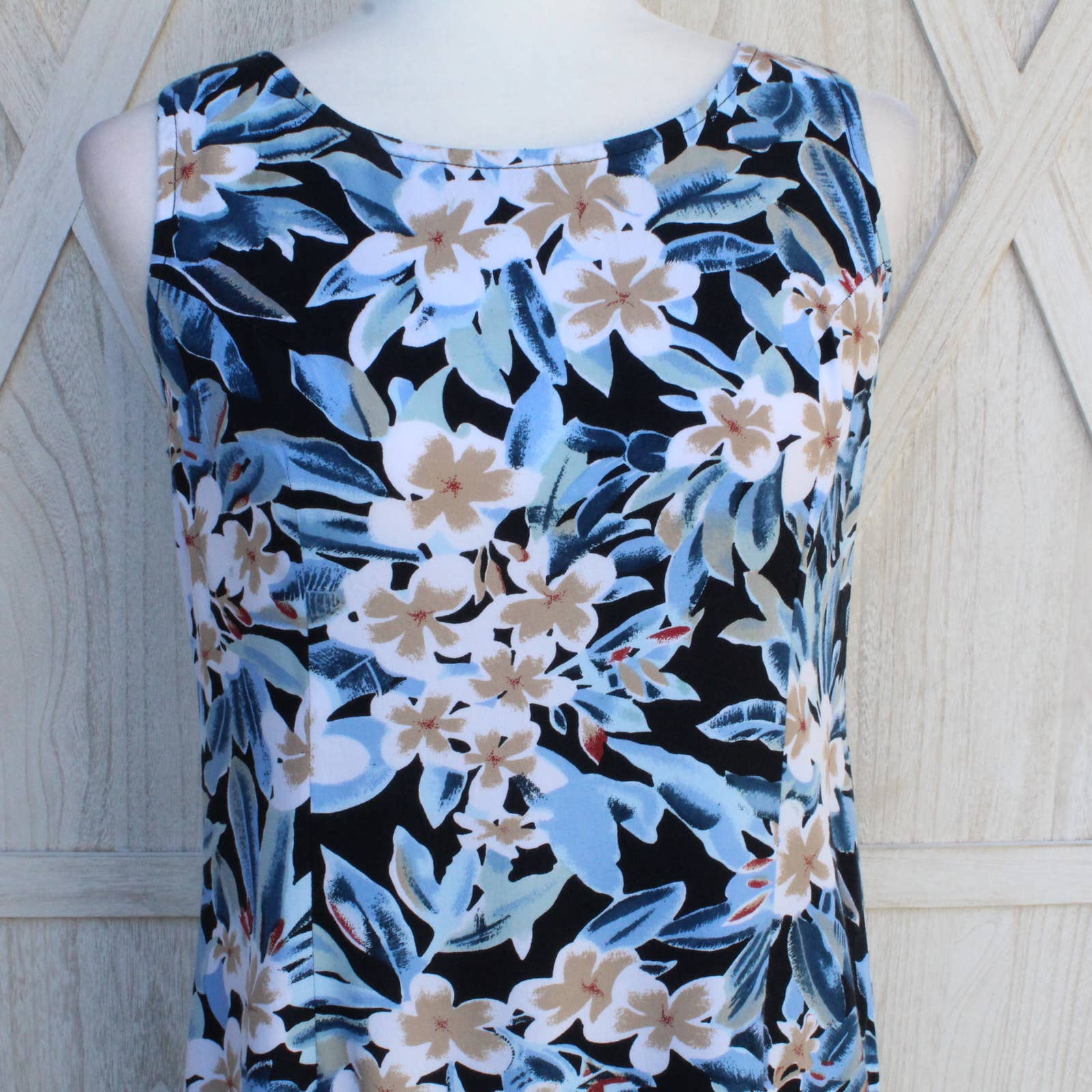 Vintage Pikake Plantation Blue Hawaiian Sleeveless Tropical Shift Dress ...