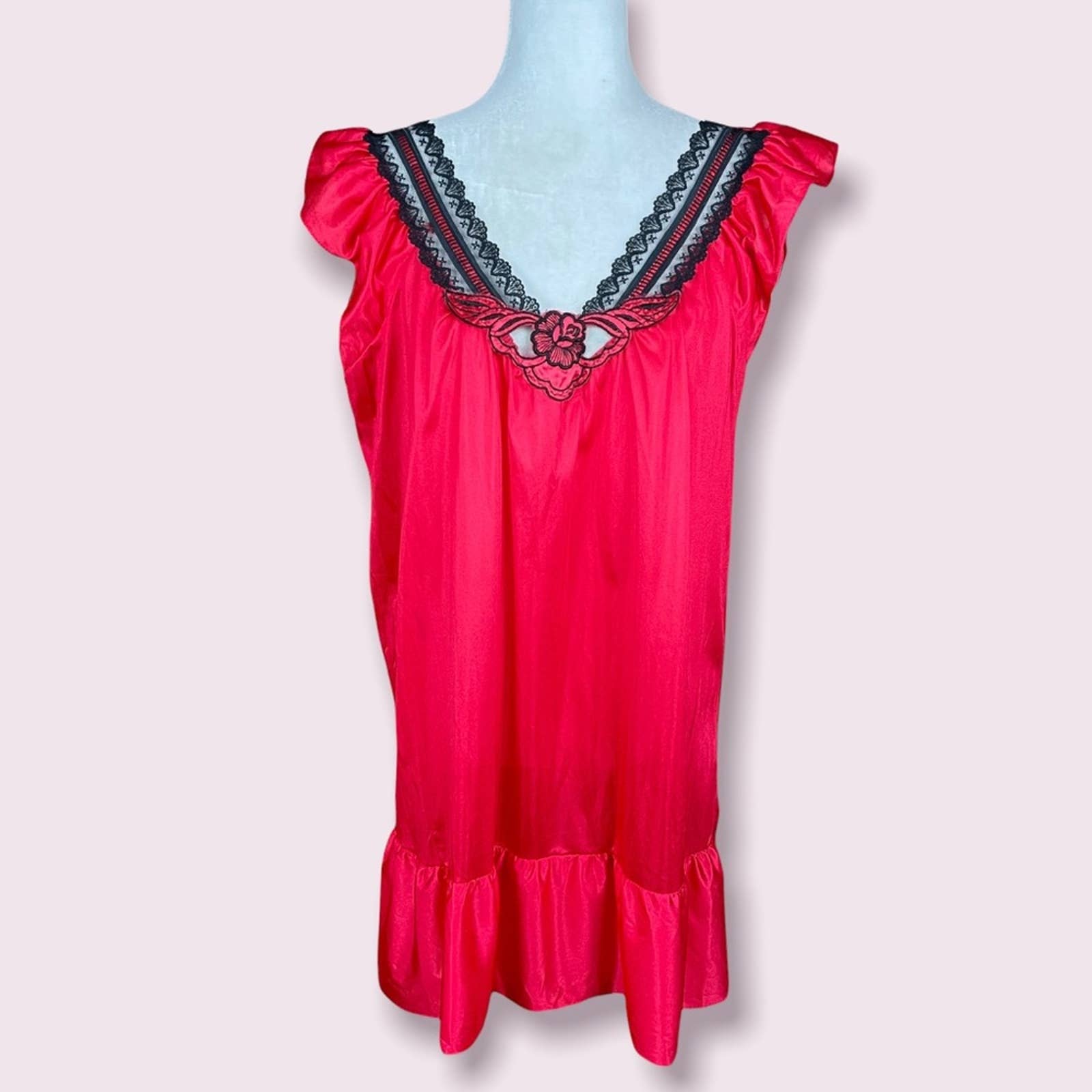Vintage Red and Black Nylon Mini House Dress with Ruffle and Lace ...