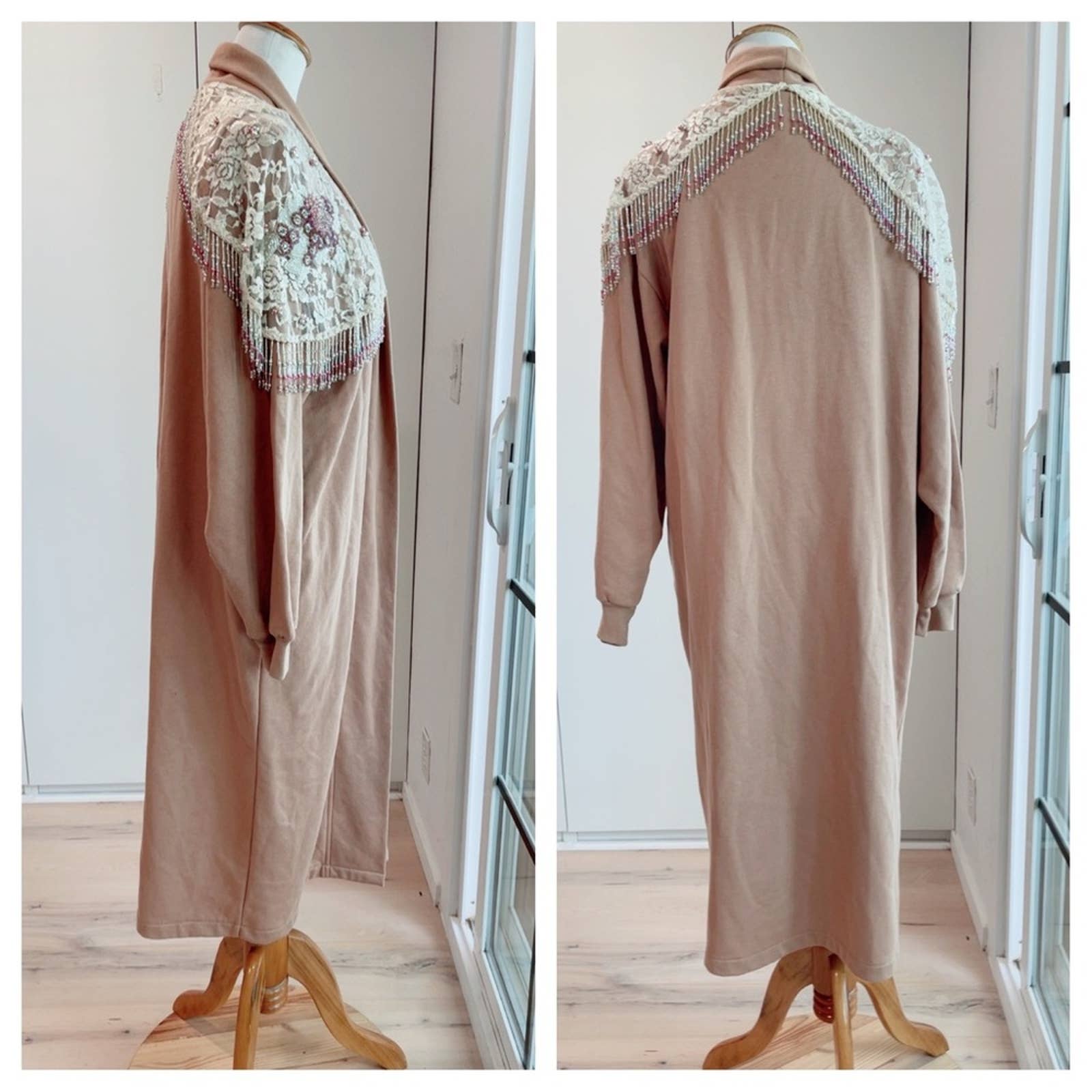 Vintage 80s Duster Coat with Embellished Beading Victorian Lace Tan Ne ...