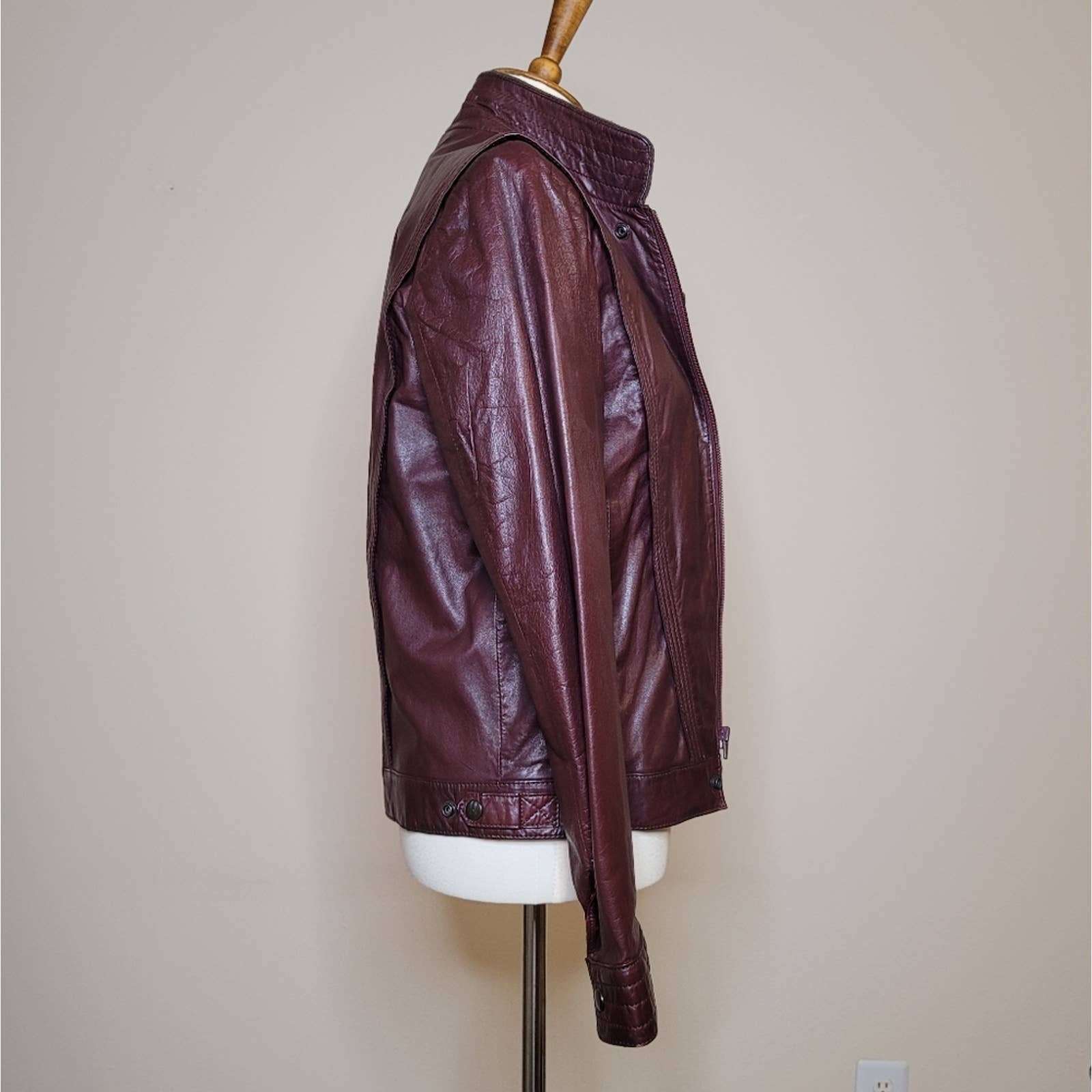 Maroon Leather Vintage Collared Jacket with Paneling Detail by Mirage ...