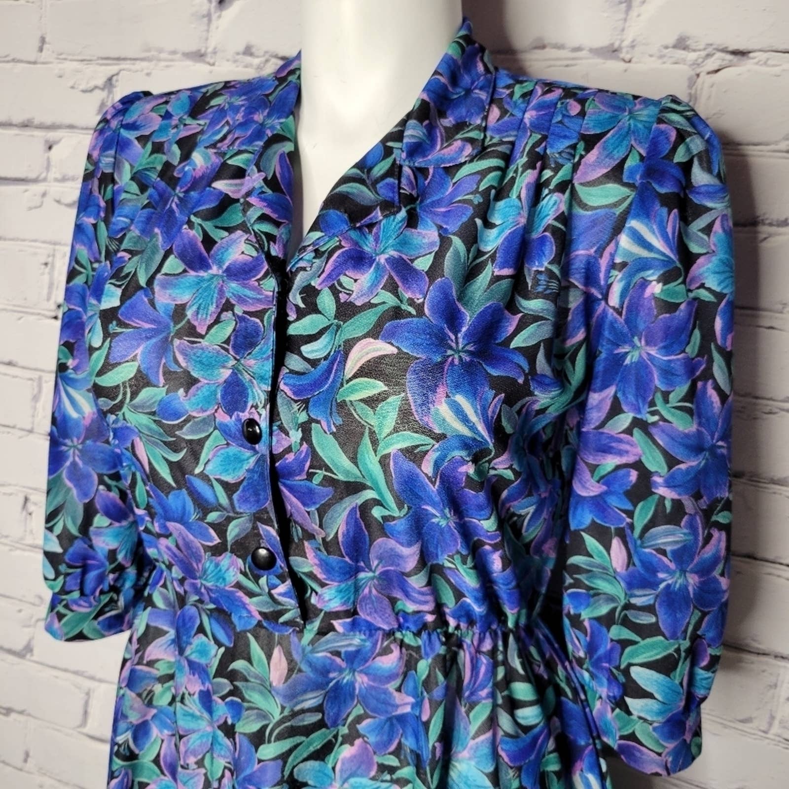 Vintage Black with Blue and Green Floral Foliage Print Dress by ...