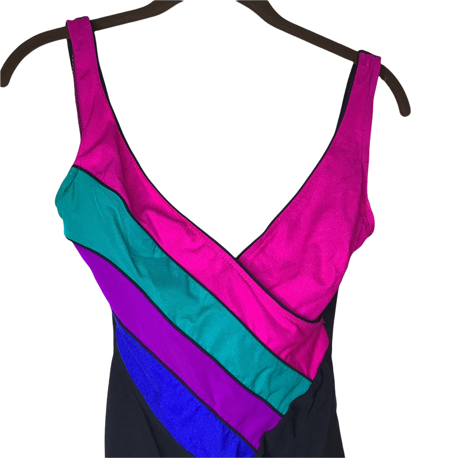Vintage Colorblock Asymmetric Stripe Sheen Surplice Neck Swimsuit ...