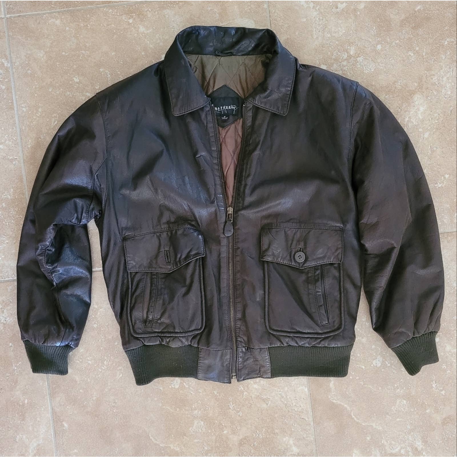 Dark Brown Leather Vintage Collared Bomber Zip Up Jacket by Rafferty b ...