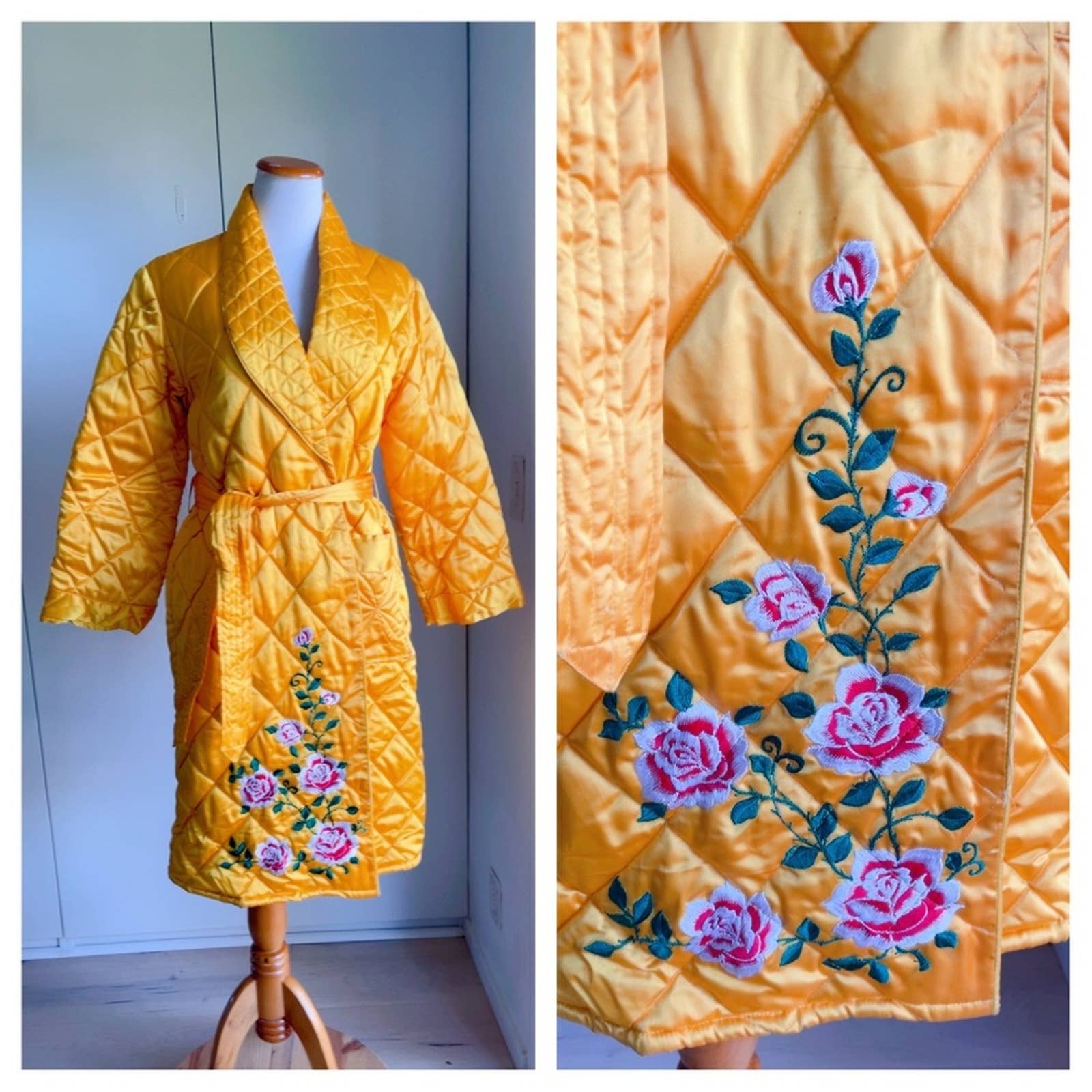 Vintage Quilted Robe Influence Golden Embroidered Flowers Midi Length ...