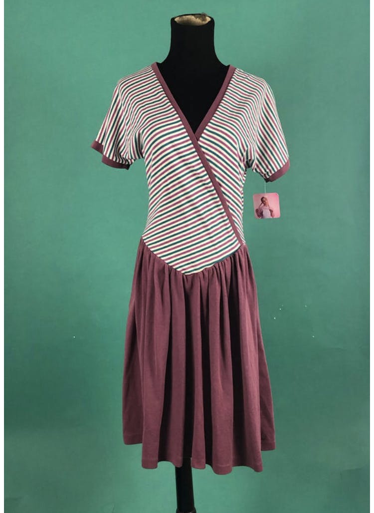 Vintage 80's/90's Striped Deep V Drop Waist Midi Dress | Shop THRILLING