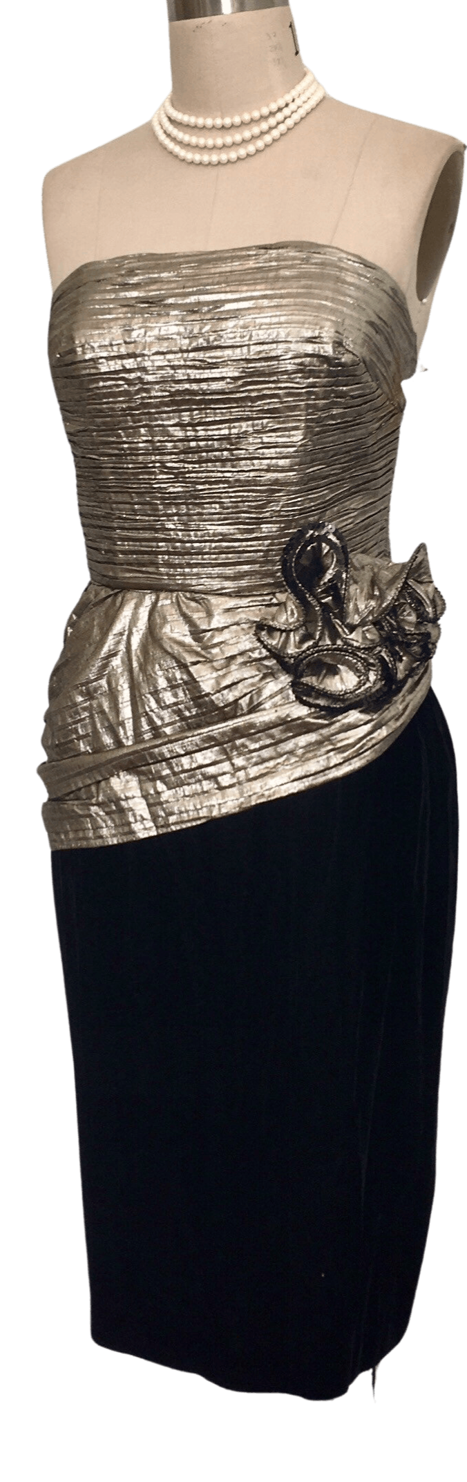 Vintage 80’s Black and Gold Lamé Strapless Dress | Shop THRILLING