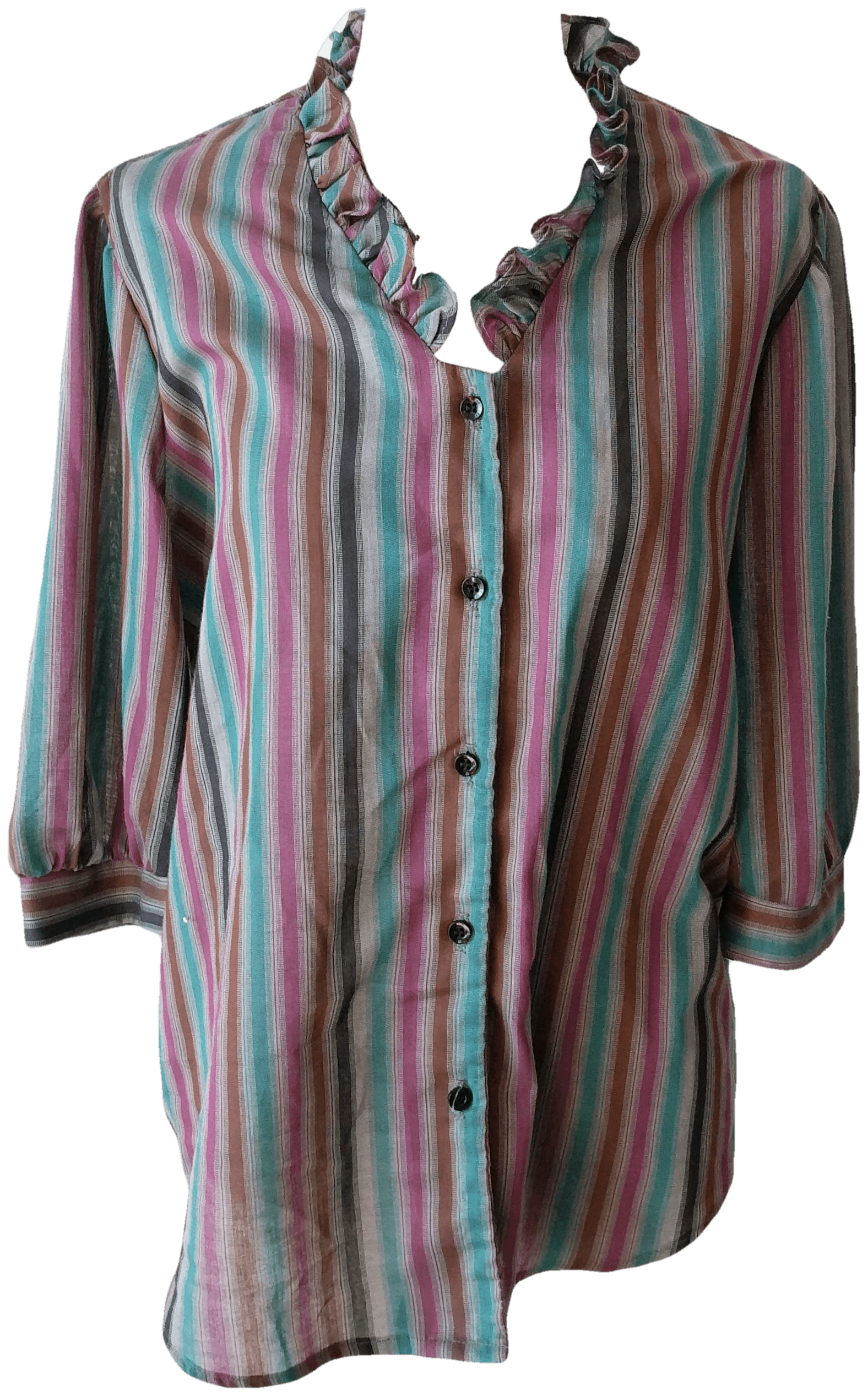 Vintage Vertical Striped Quarter Sleeve Button Up with Frill Neck Line ...
