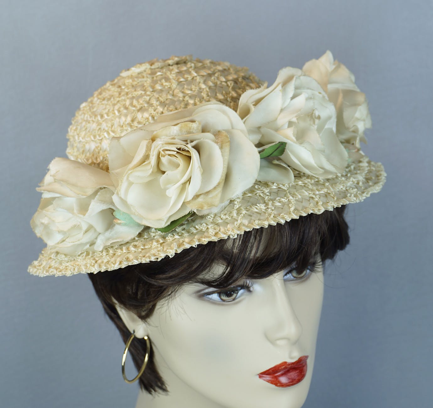 Vintage Vtg Ivory Rose Wide Brim Straw Hat by The Hat Rack | Shop THRILLING