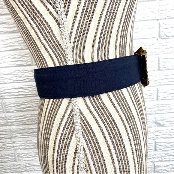 Vintage Wide Navy Blue Belt with Large Gold Buckle | Shop THRILLING